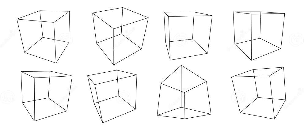 Black Wireframe Cube Collection. Outline Cubic Shapes in Different ...