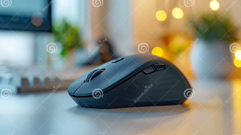 A Black Wireless Computer Mouse on a Desk with a Blurred Background ...