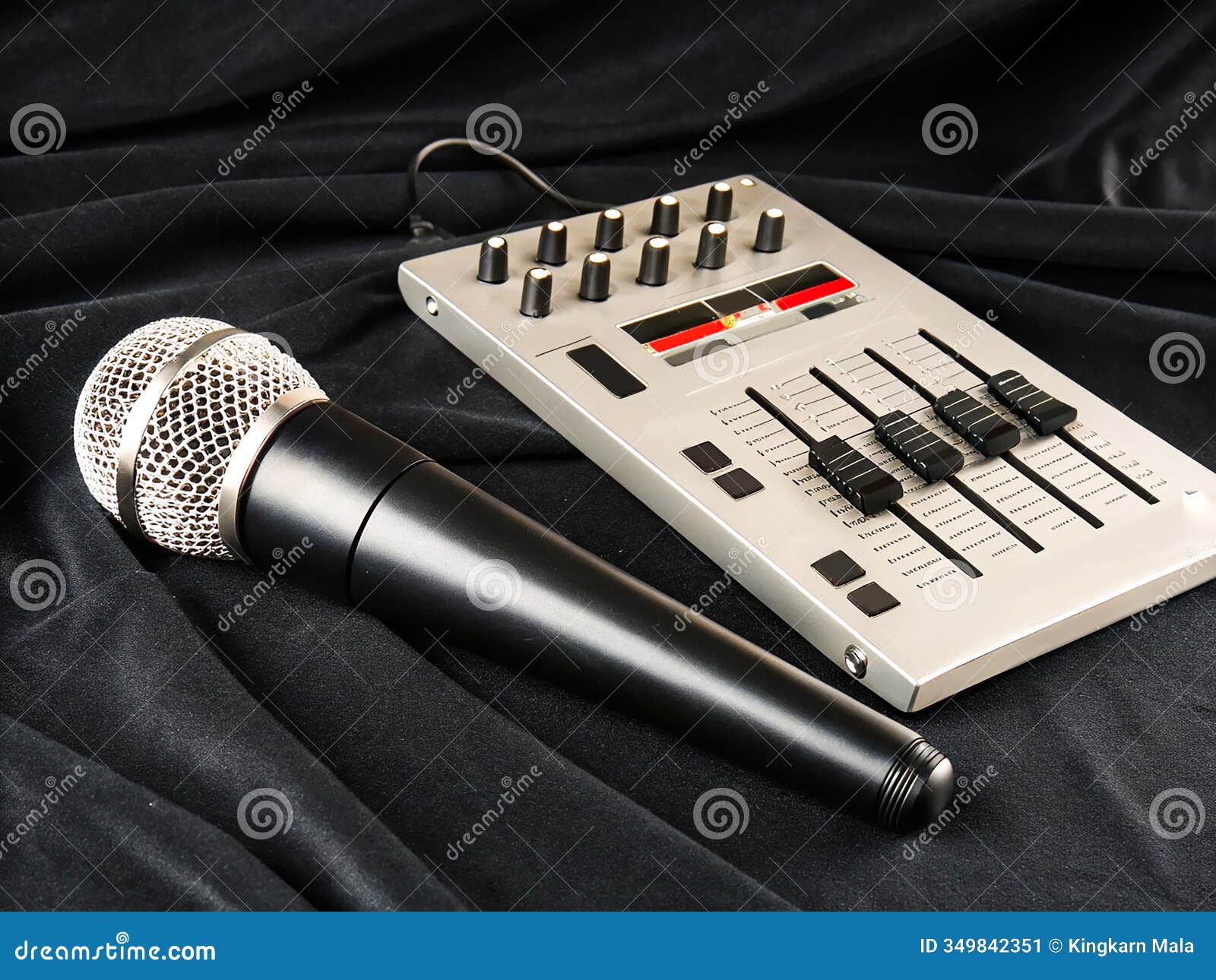 Black Wireless Microphone and Sound Equalizer Placed on a Black Cloth ...