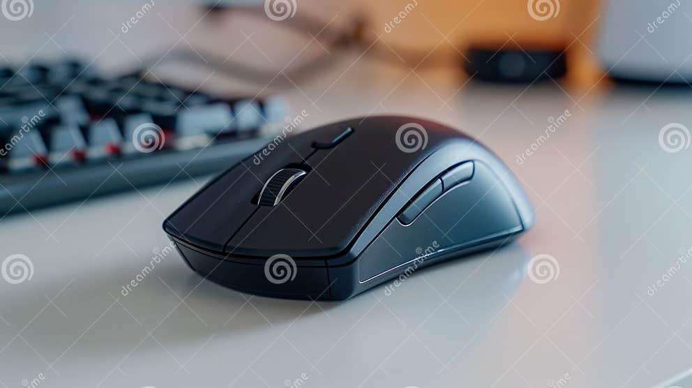 A Black Wireless Mouse on a Tidy Desk beside a Keyboard. Stock Image ...