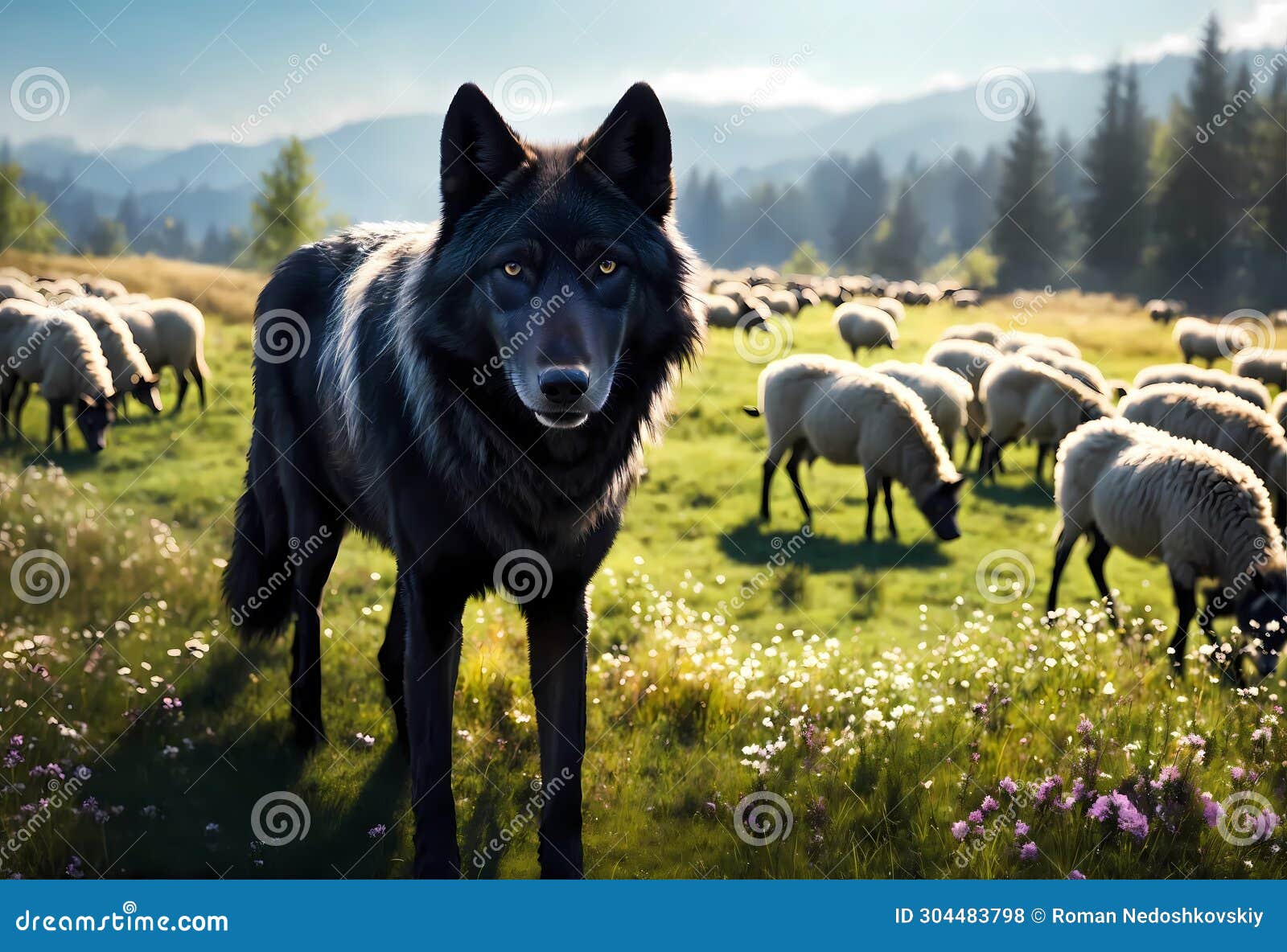 A Wolf Among A Crowd Of Sheep, Looking Intensely At The Camera Stock ...