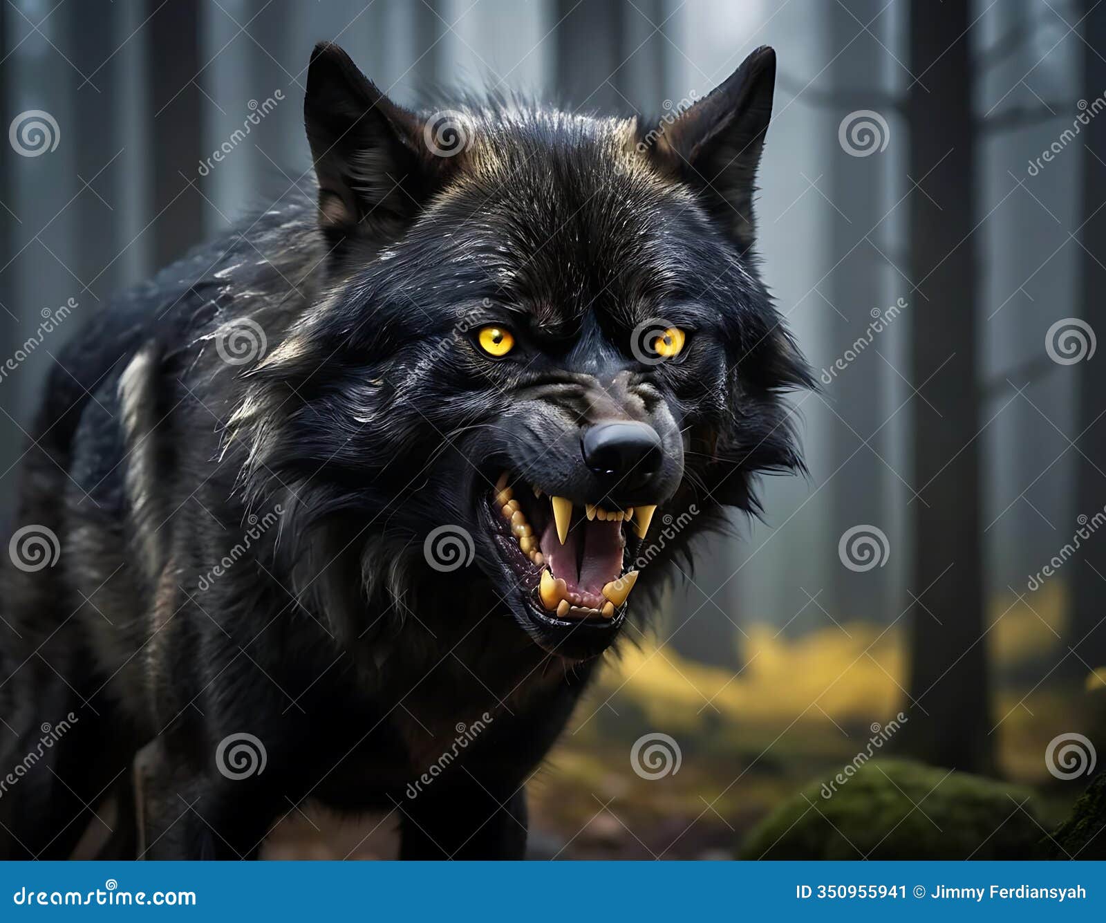 Black Wolf Growling In Mysterious Enchanted Forest Royalty-Free Stock ...