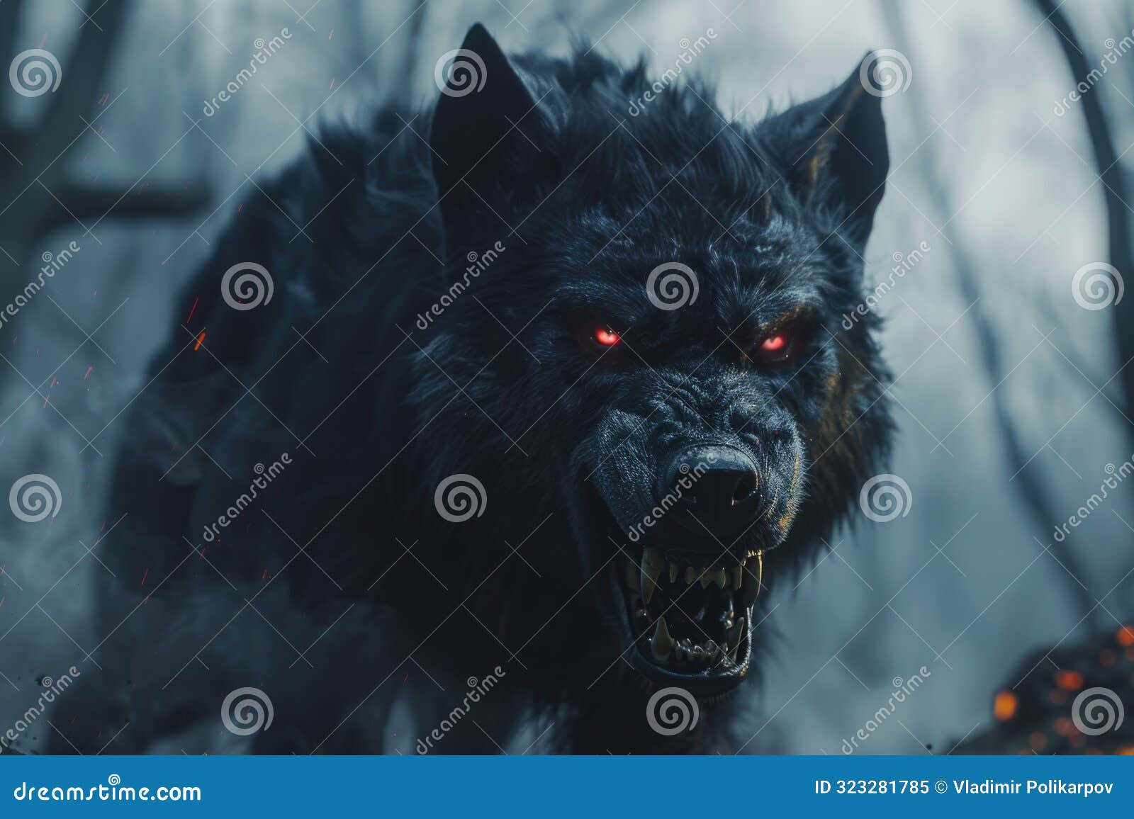 A Black Wolf with Red Eyes Walks through the Forest Stock Image - Image ...