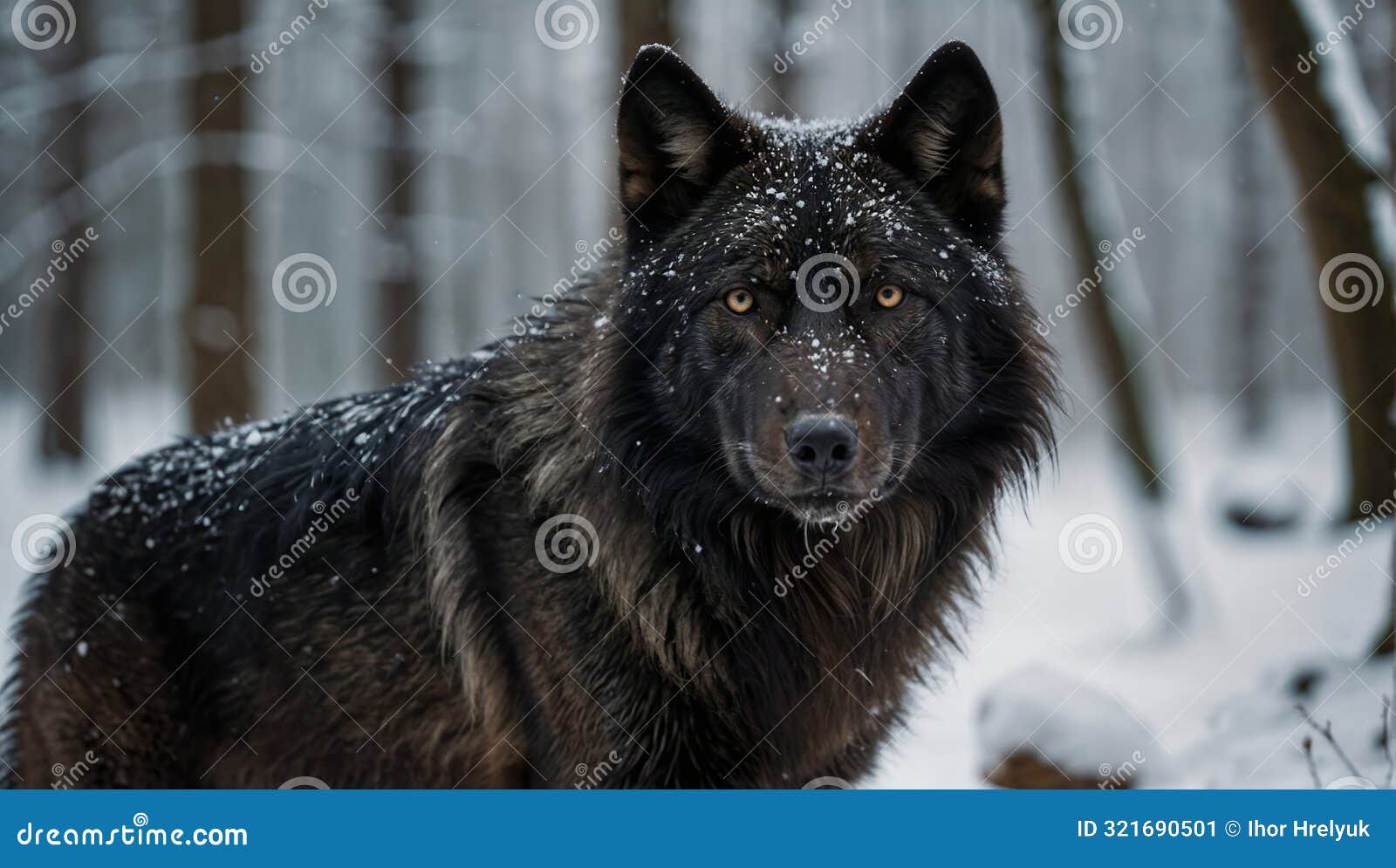 Black Wolf Standing on a Forest Path in Winter Close-up Stock Image ...