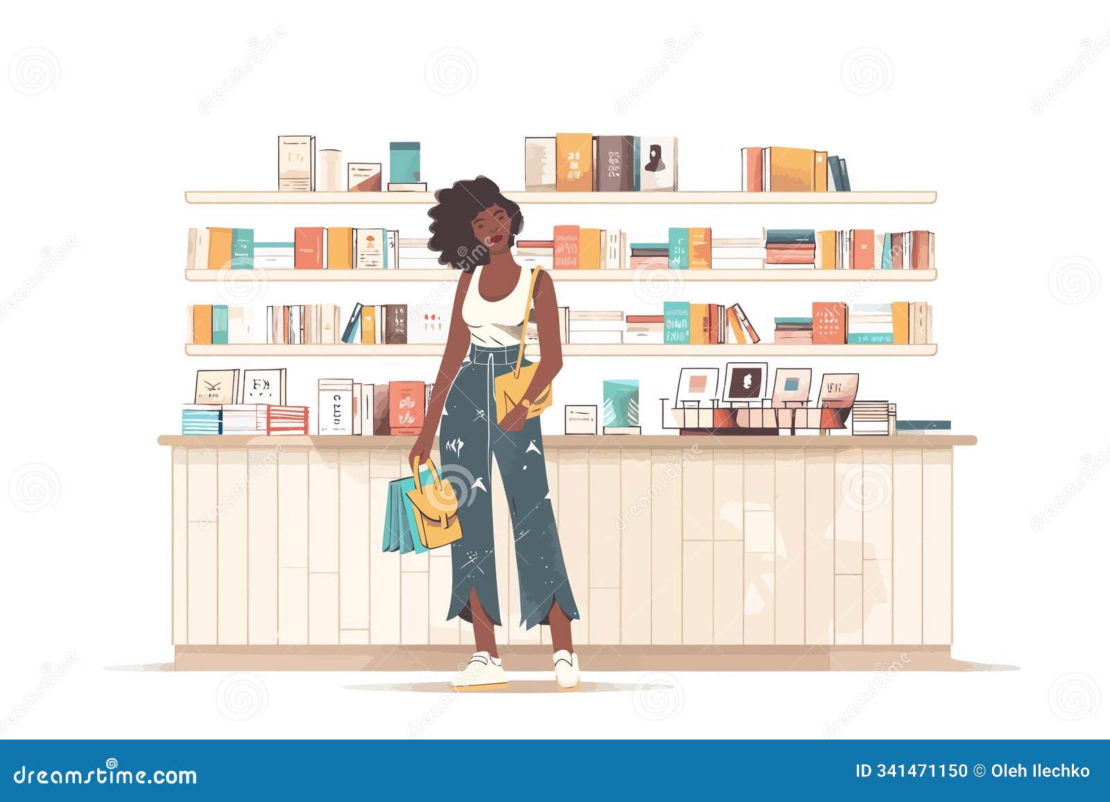 Black woman in bookstore stock vector. Illustration of book - 341471150