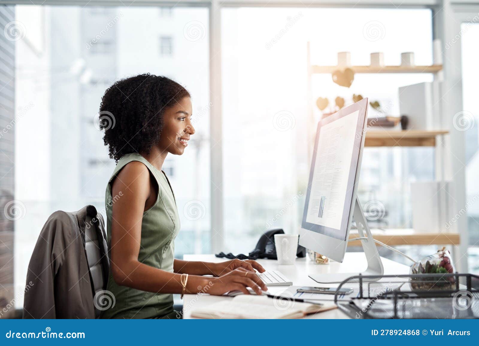 Black Woman in Business, Reading on Computer Screen and Analysis with ...