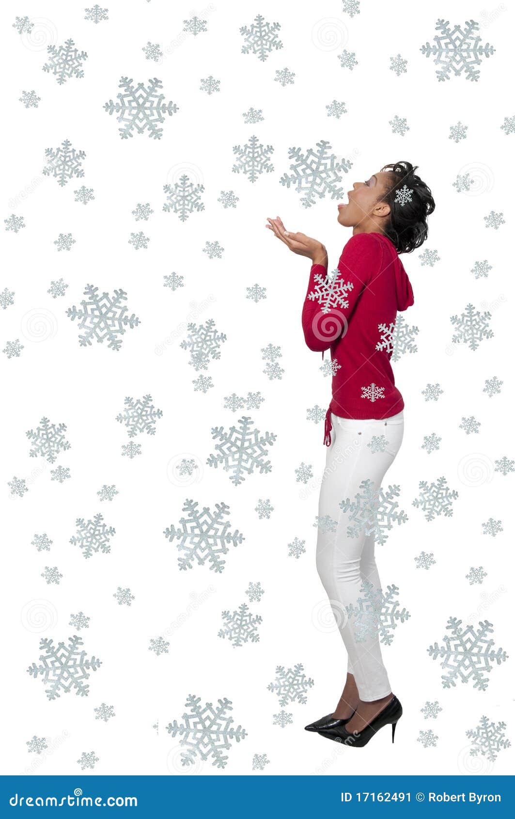 A Black Woman Catching Snowflakes Stock Image - Image of seasonal ...