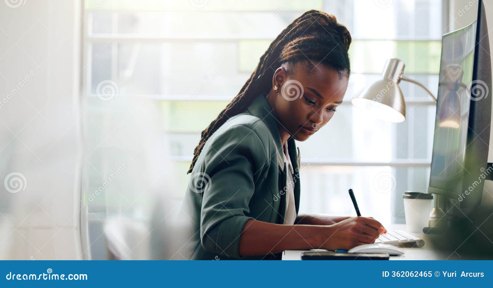 Black Woman, Computer and Writing Notes in Office, Event Coordinator ...