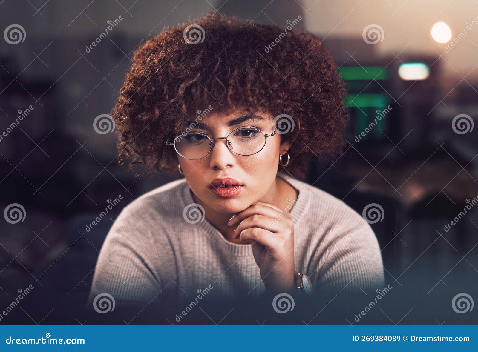 Black Woman, Face and Night Business in Dark Office with Glasses for ...