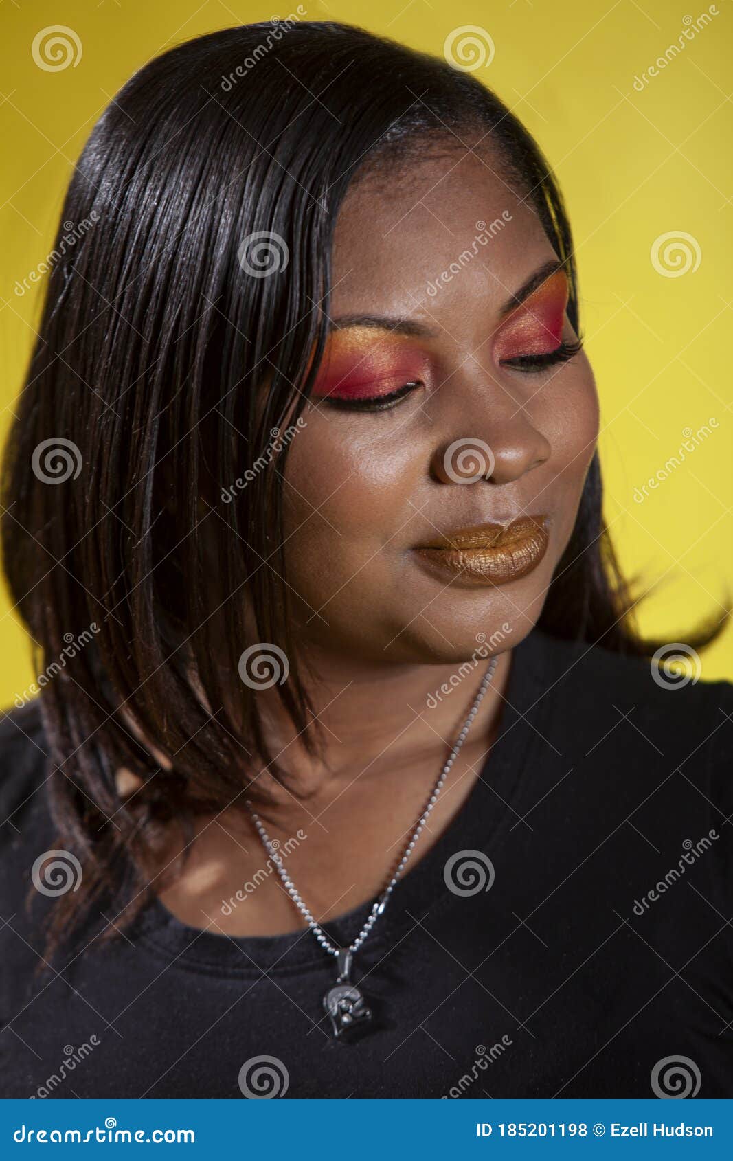 Black Woman Model With Long Black Flowing Hair Smooth Skin Elegant