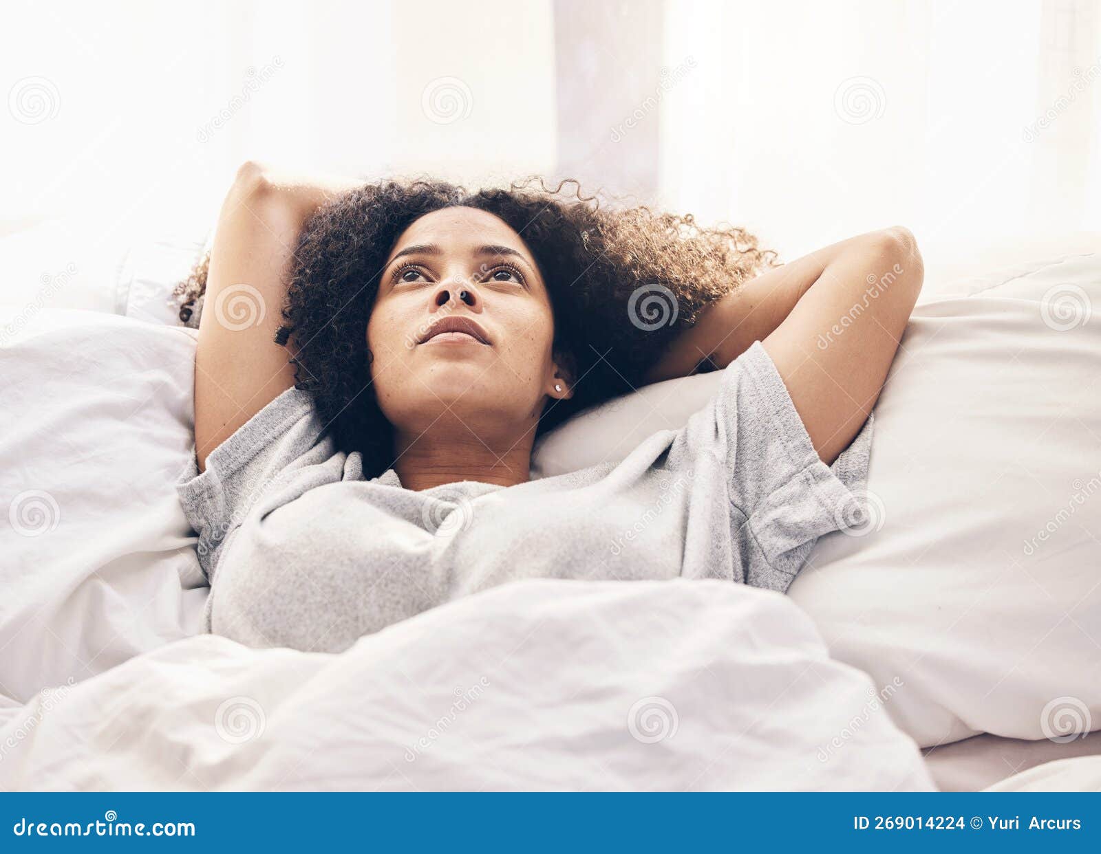 Black Woman Morning And Thinking In Home Bedroom After Sleeping Or