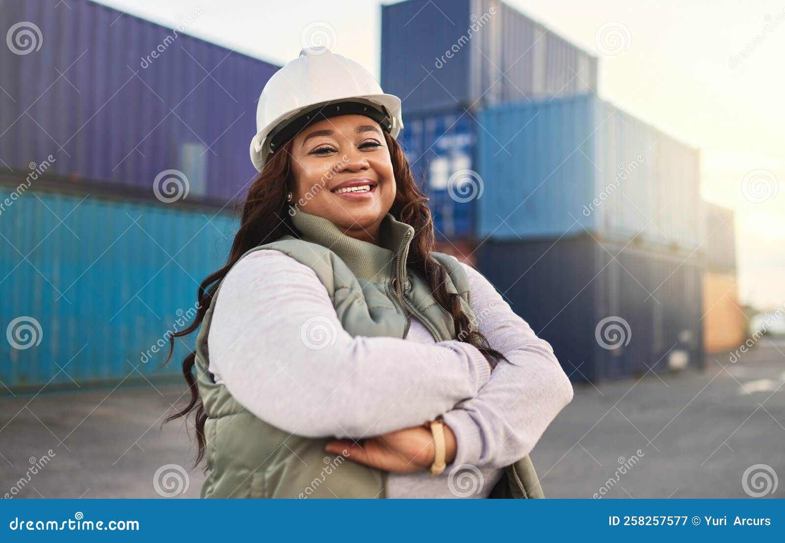 Black Woman, Smile and Work in Logistics with Container Stack at ...