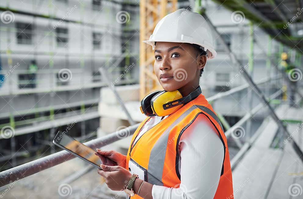 Black Woman, Tablet and Construction for Engineering, Vision and Site Assessment with Floor Plan ...
