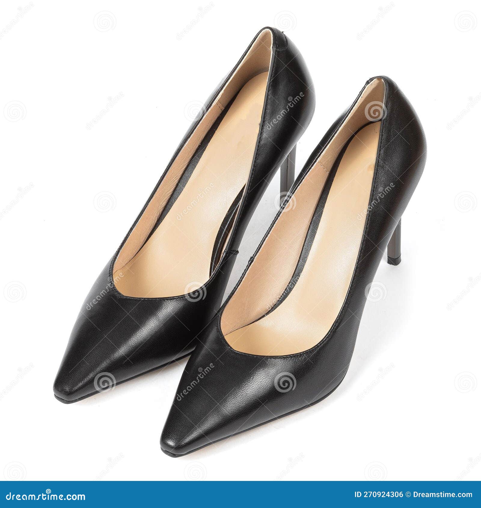 Black Women S Classic Shoes with a Sharp Toe with Thin Heels on a White ...