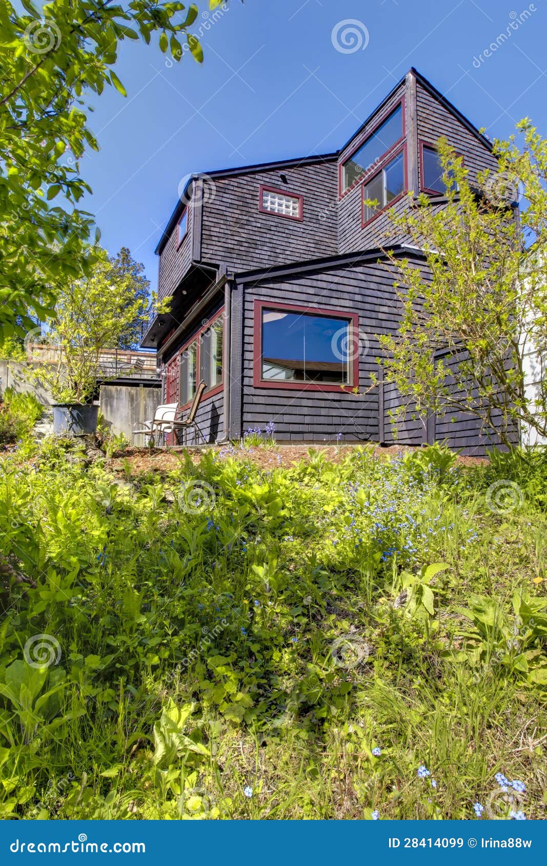Black Wooden Modern House with Spring Backyard. Stock Image - Image of ...