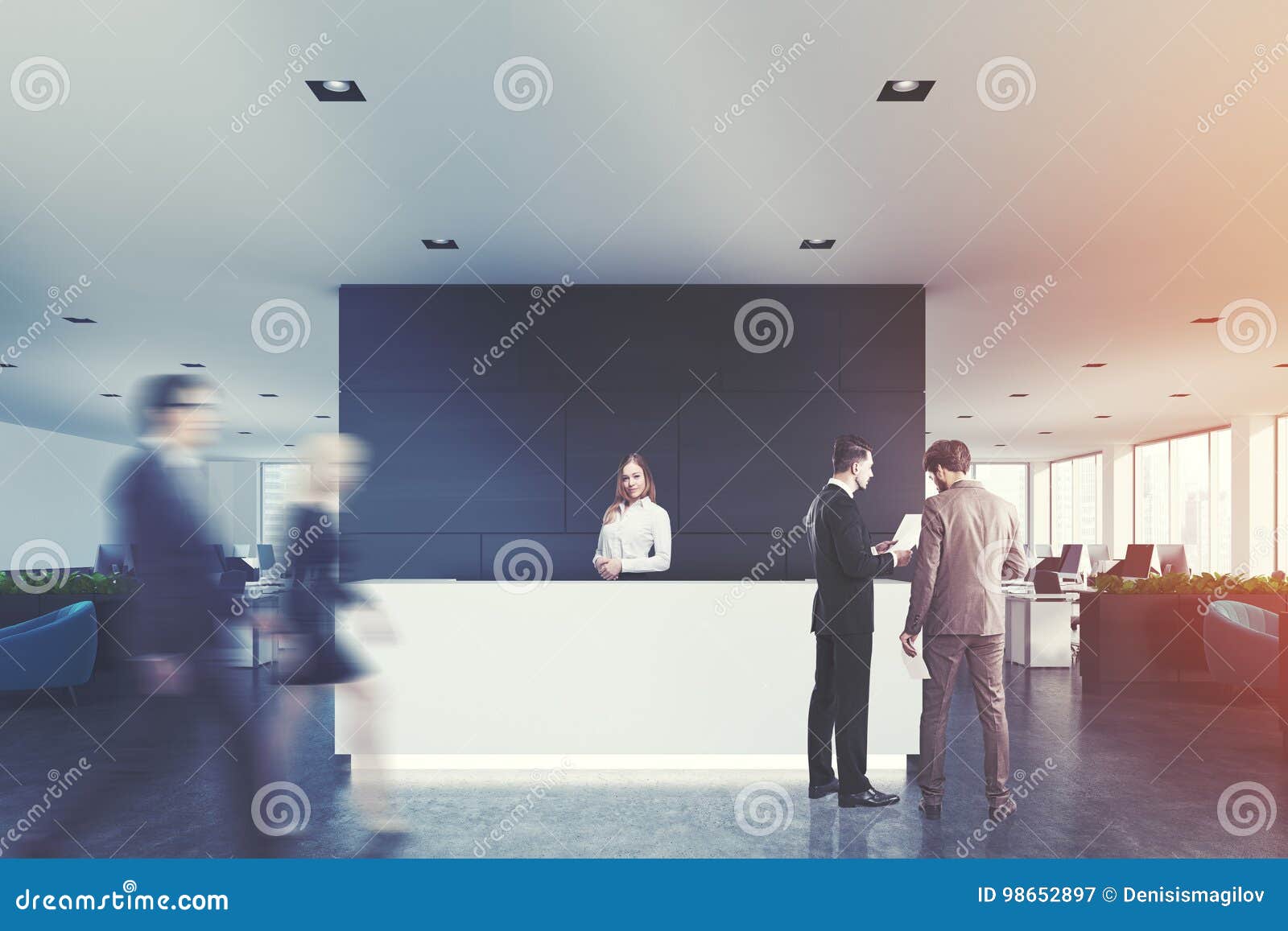 Black Wooden Office, White Reception, People Stock Image - Image of ...