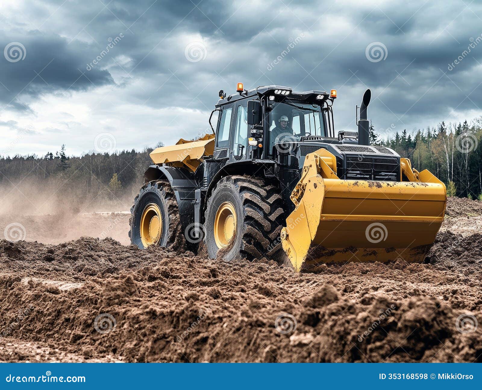 Black and Yellow Machine Tilling Soil Under Dark Clouds at a Busy ...