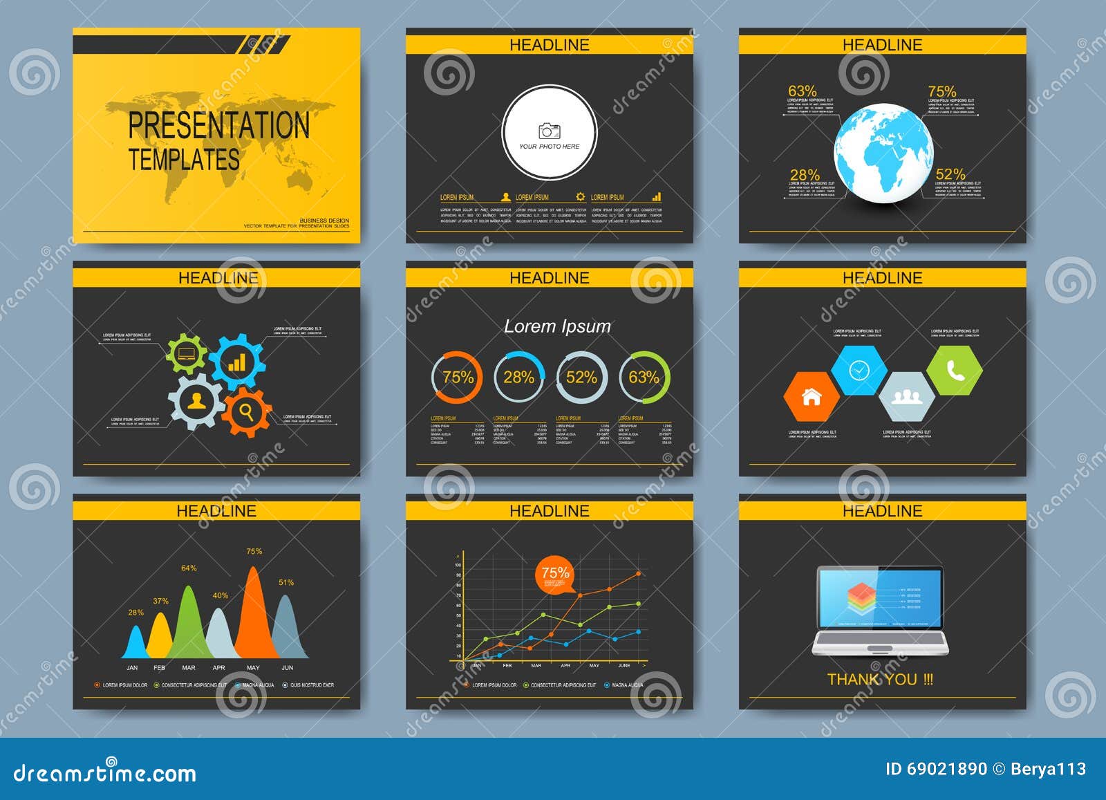 Black and Yellow Set of Vector Templates for Multipurpose Presentation ...