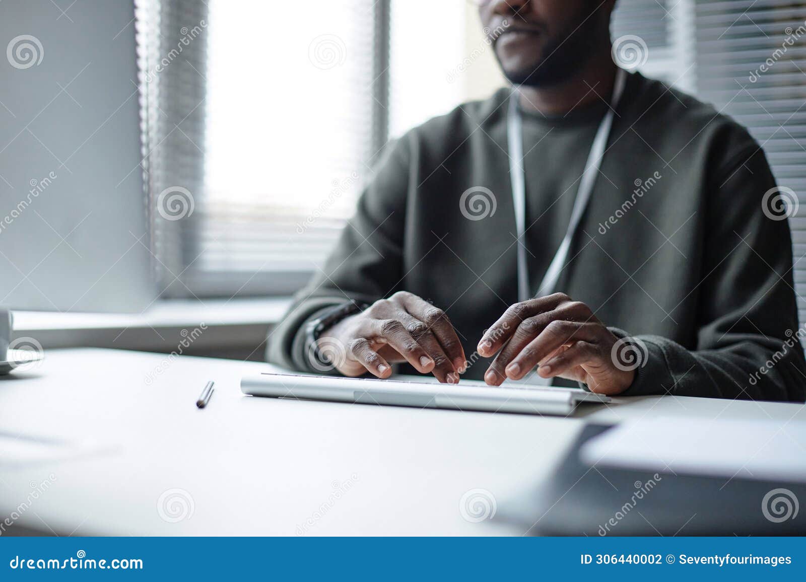 Black Young Man Typing on Computer Keyboard Stock Photo - Image of ...