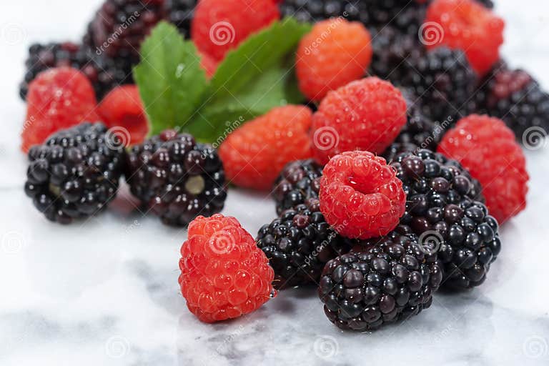 Blackberries and Red Raspberries Stock Photo - Image of berry, leaf ...