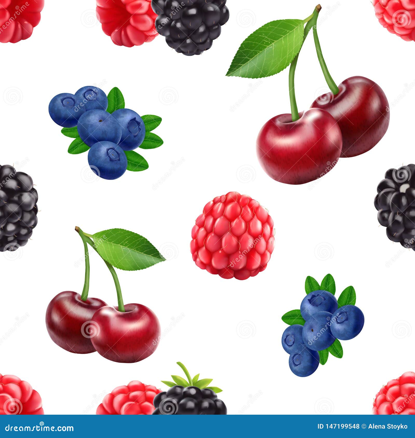 Blackberry Blueberry Cherry and Raspberry Seamless Pattern. 3d ...