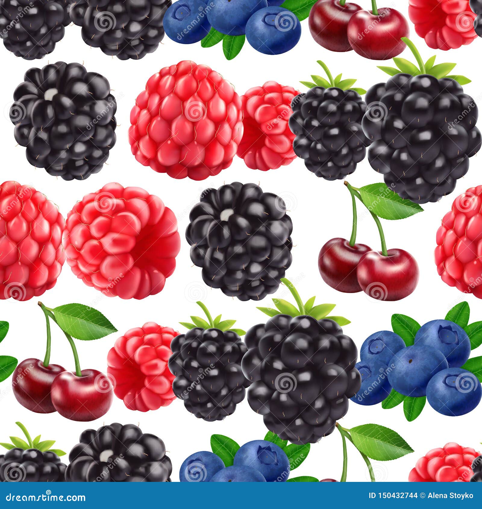 Blackberry Blueberry Cherry and Raspberry Seamless Pattern. 3d ...