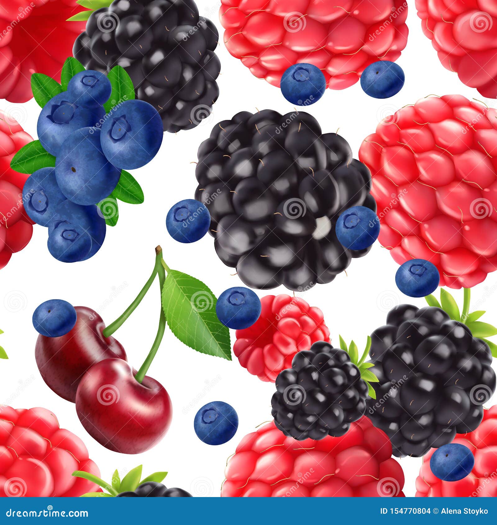 Blackberry Blueberry Cherry and Raspberry Seamless Pattern. 3d ...