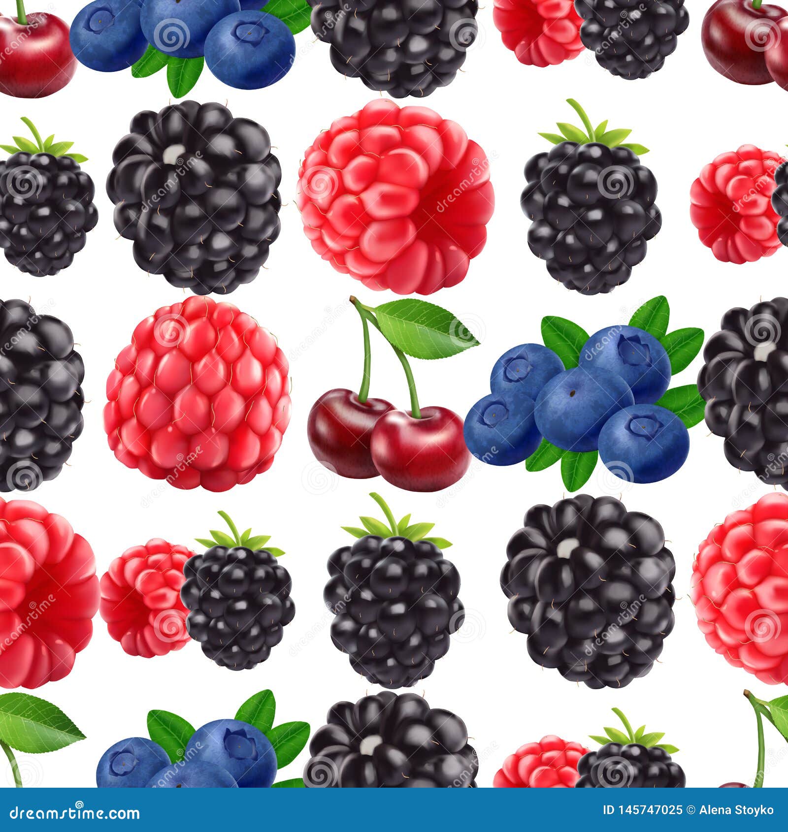 Blackberry Blueberry Cherry and Raspberry Seamless Pattern. 3d ...