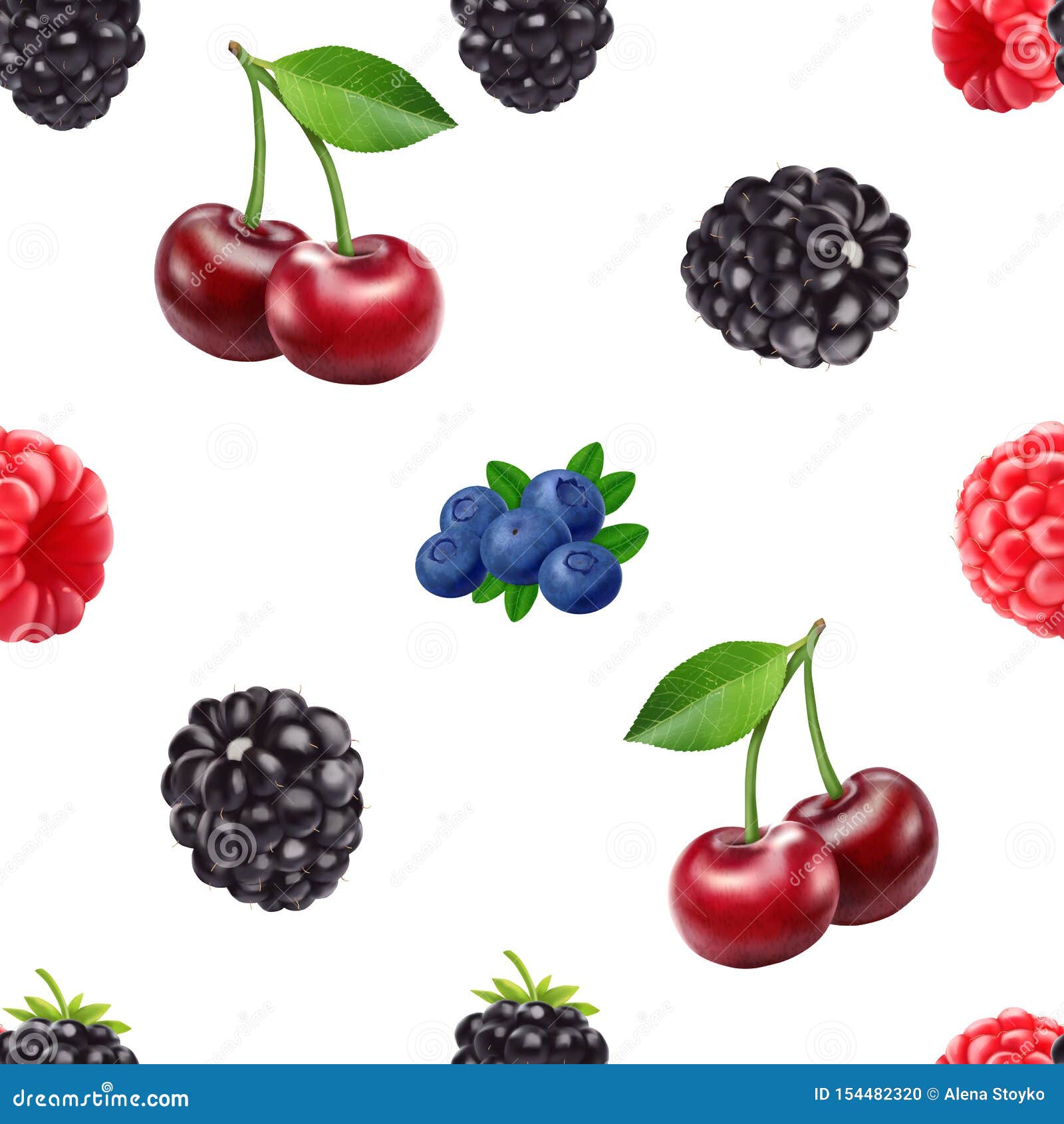 Blackberry Blueberry Cherry and Raspberry Seamless Pattern. 3d ...