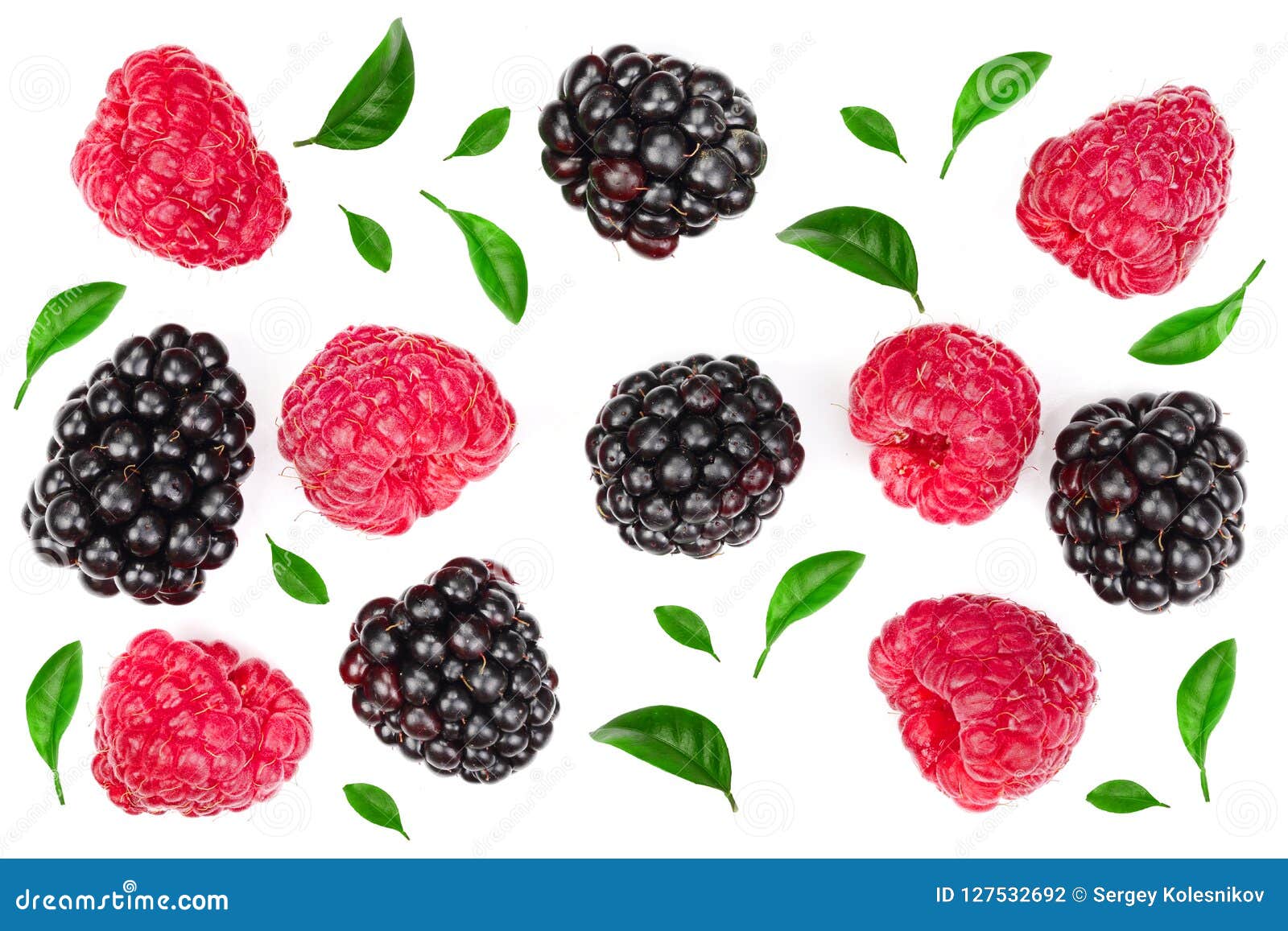 Blackberry and Raspberry with Leaves Isolated on White Background. Top ...