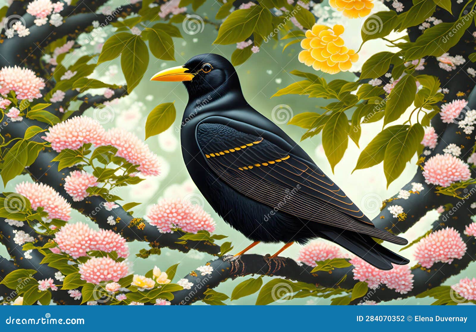 Blackbird and Flowers - Generative AI Stock Illustration - Illustration of background, design ...
