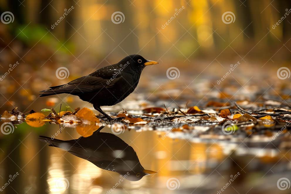 Blackbird with Reflections in a Forest Floor Puddle Stock Photo - Image ...