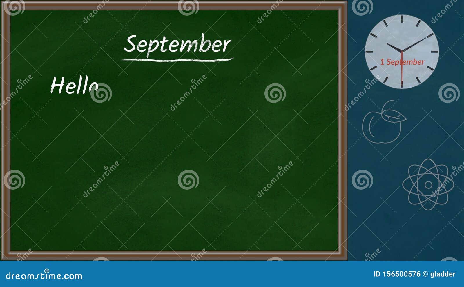 Blackboard with Chalk Inscriptions, School Wall Clock and Drawings ...