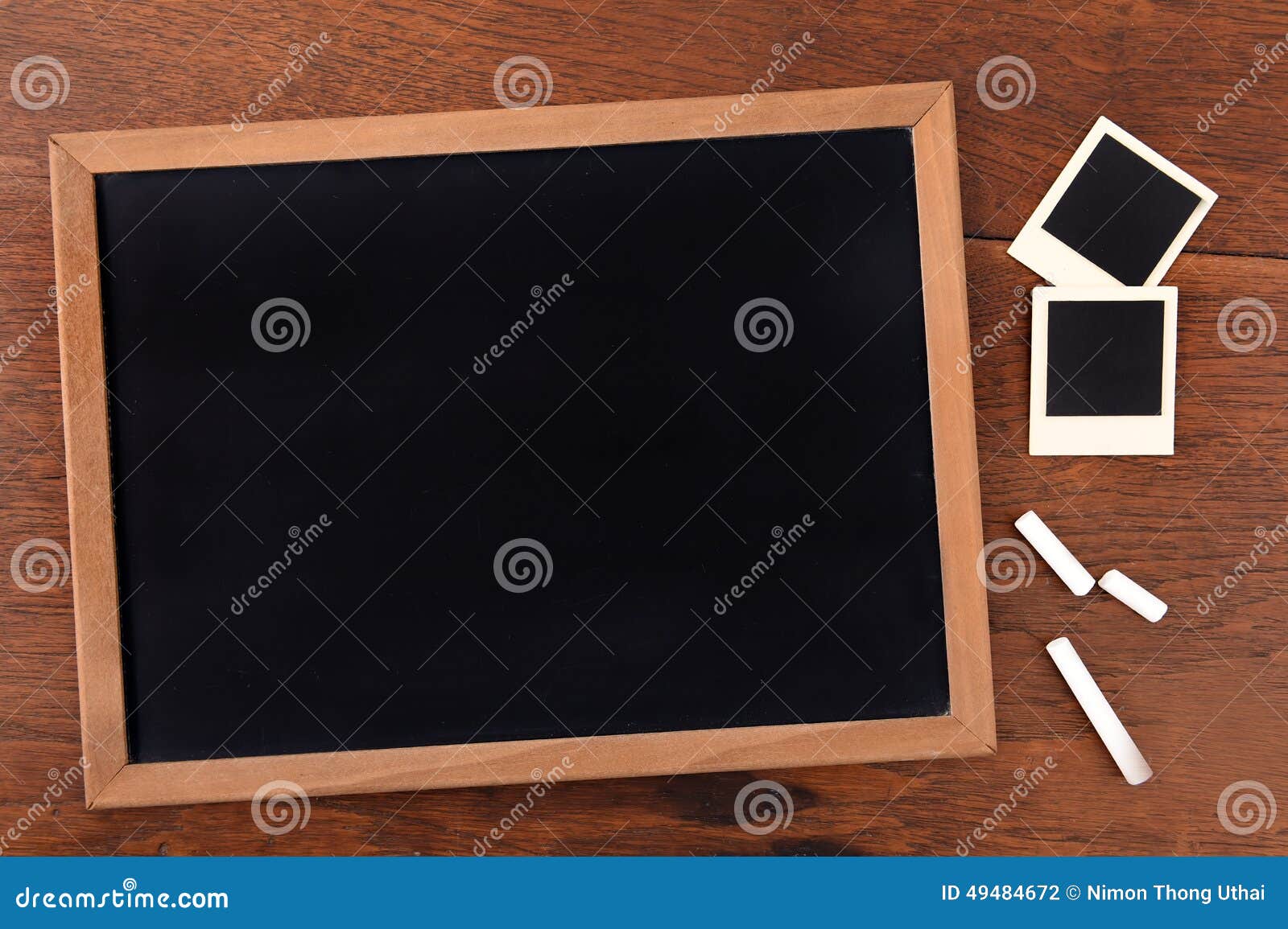 Blackboard and Chalk with Photo Frames Stock Photo - Image of frame ...