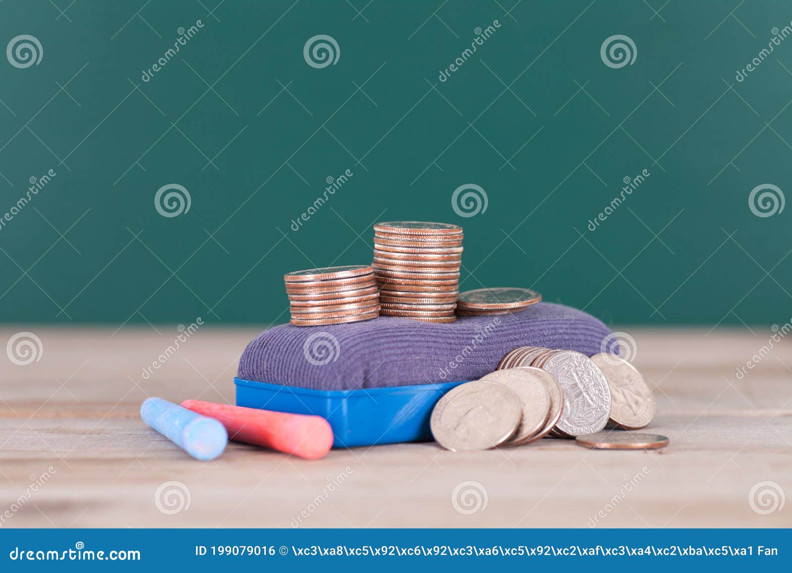 A Blackboard Eraser, a Pile of Dollar Coins and Two Pieces of Chalk in ...