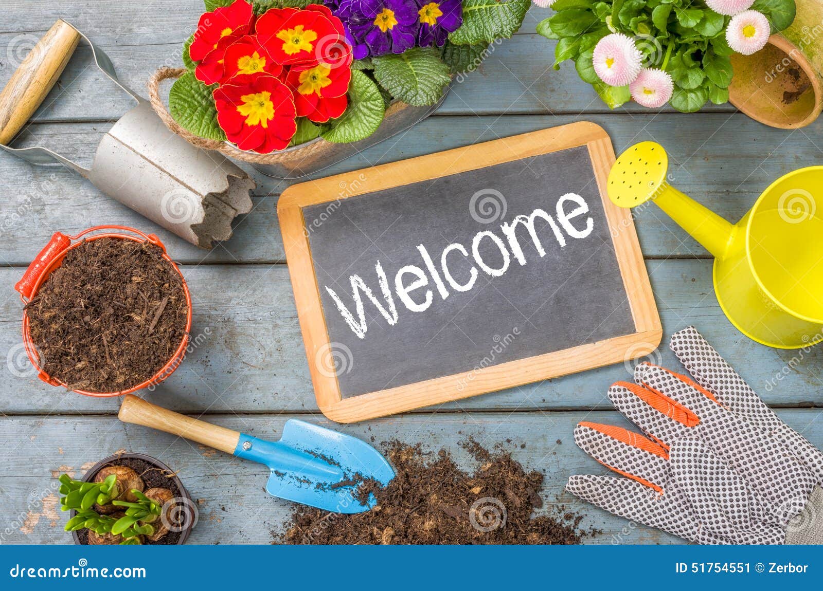 Blackboard with Garden Tools - Welcome Stock Image - Image of gloves ...