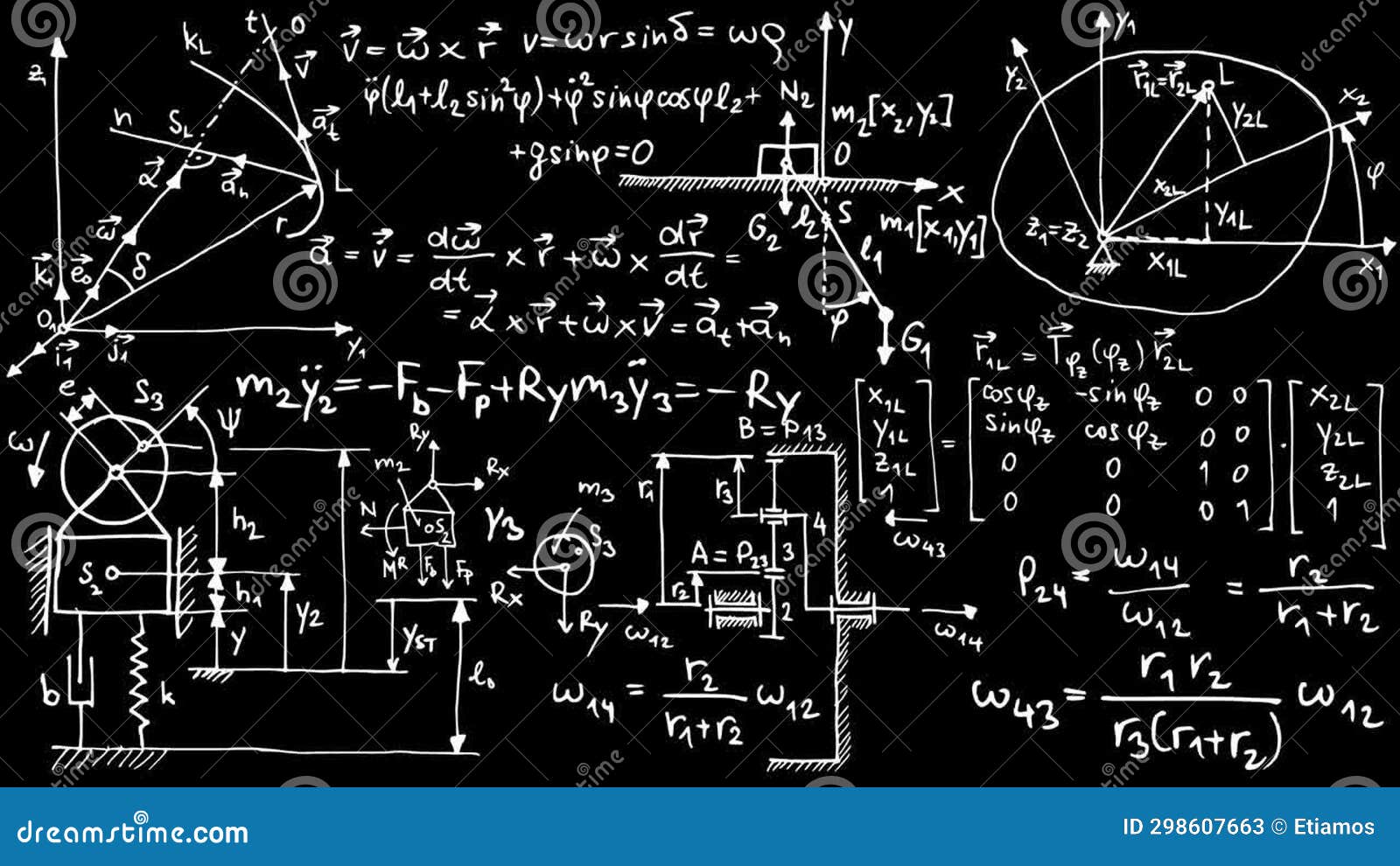 Blackboard with Mechanical and Mathematical Formula and Equations ...