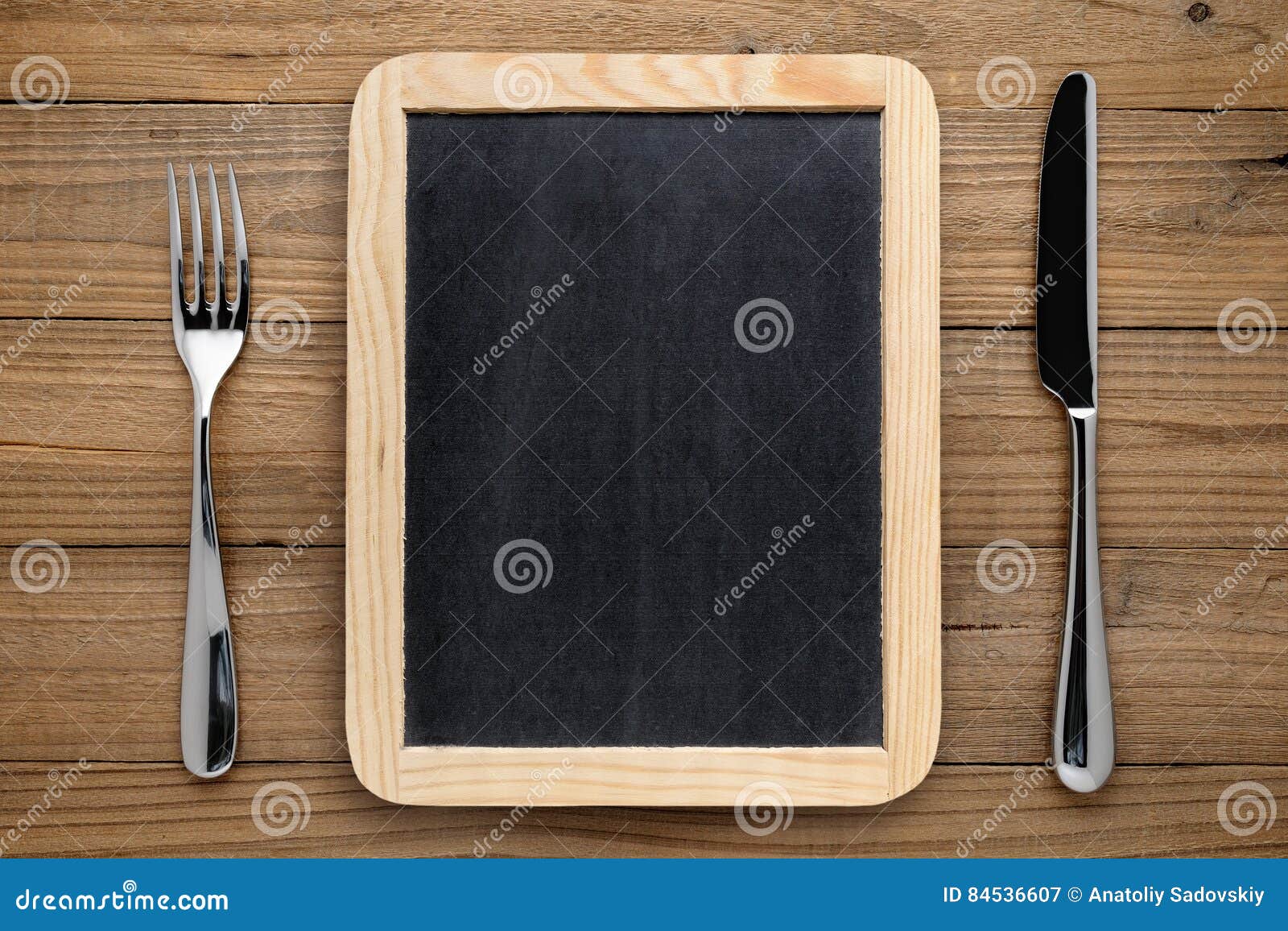 Blackboard for Menu, Fork and Knife on Table Stock Image - Image of ...