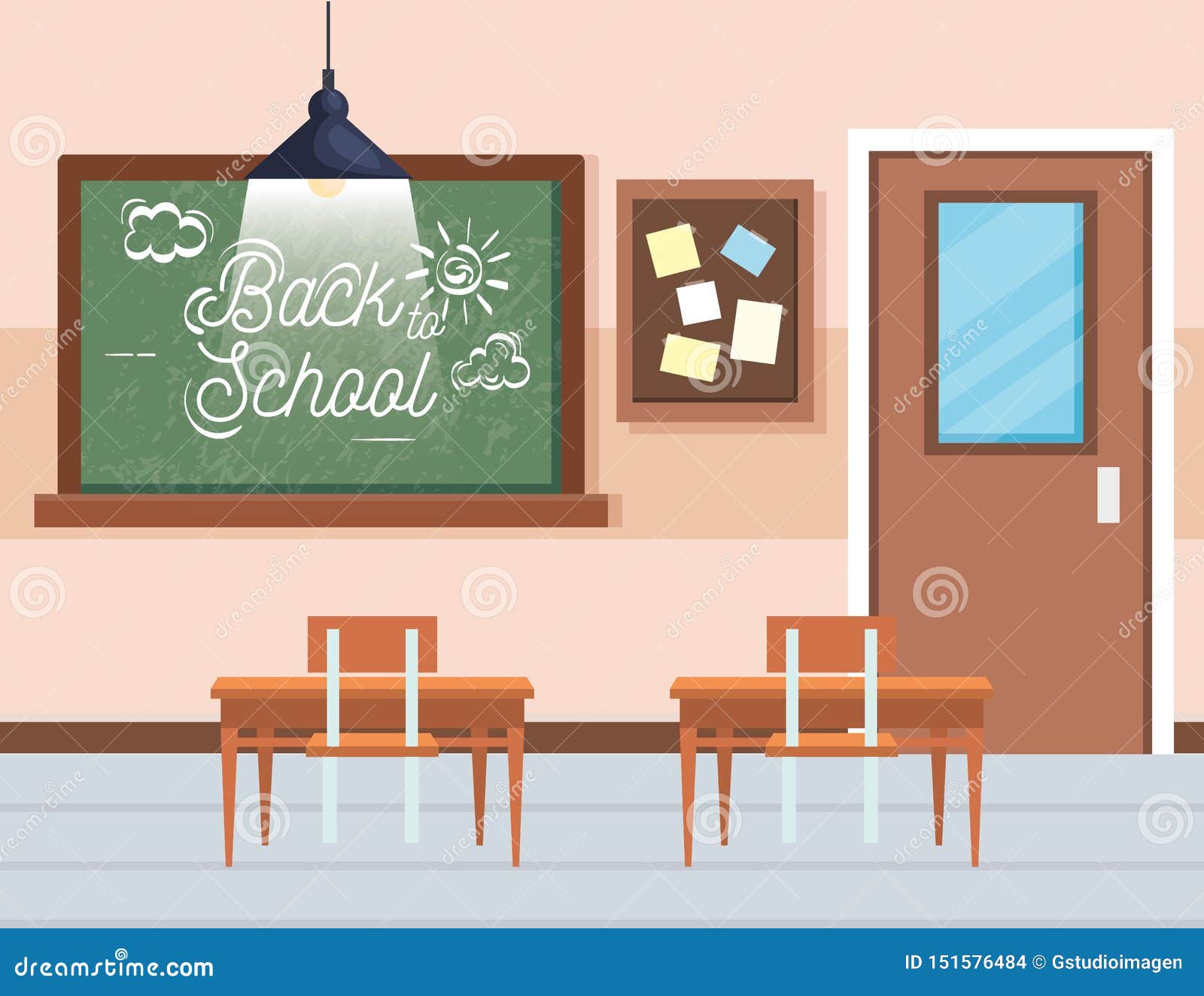 Blackboard with Note Board and Desks in the Classroom Education Stock ...