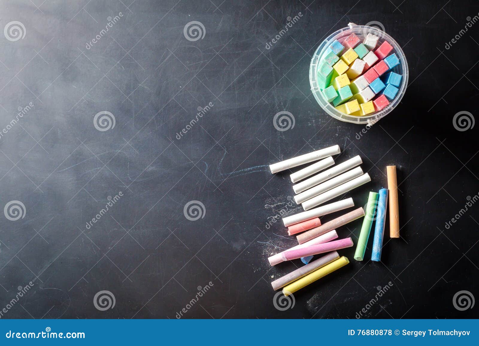 Blackboard and Pieces of Colored Chalk Stock Photo - Image of classroom ...
