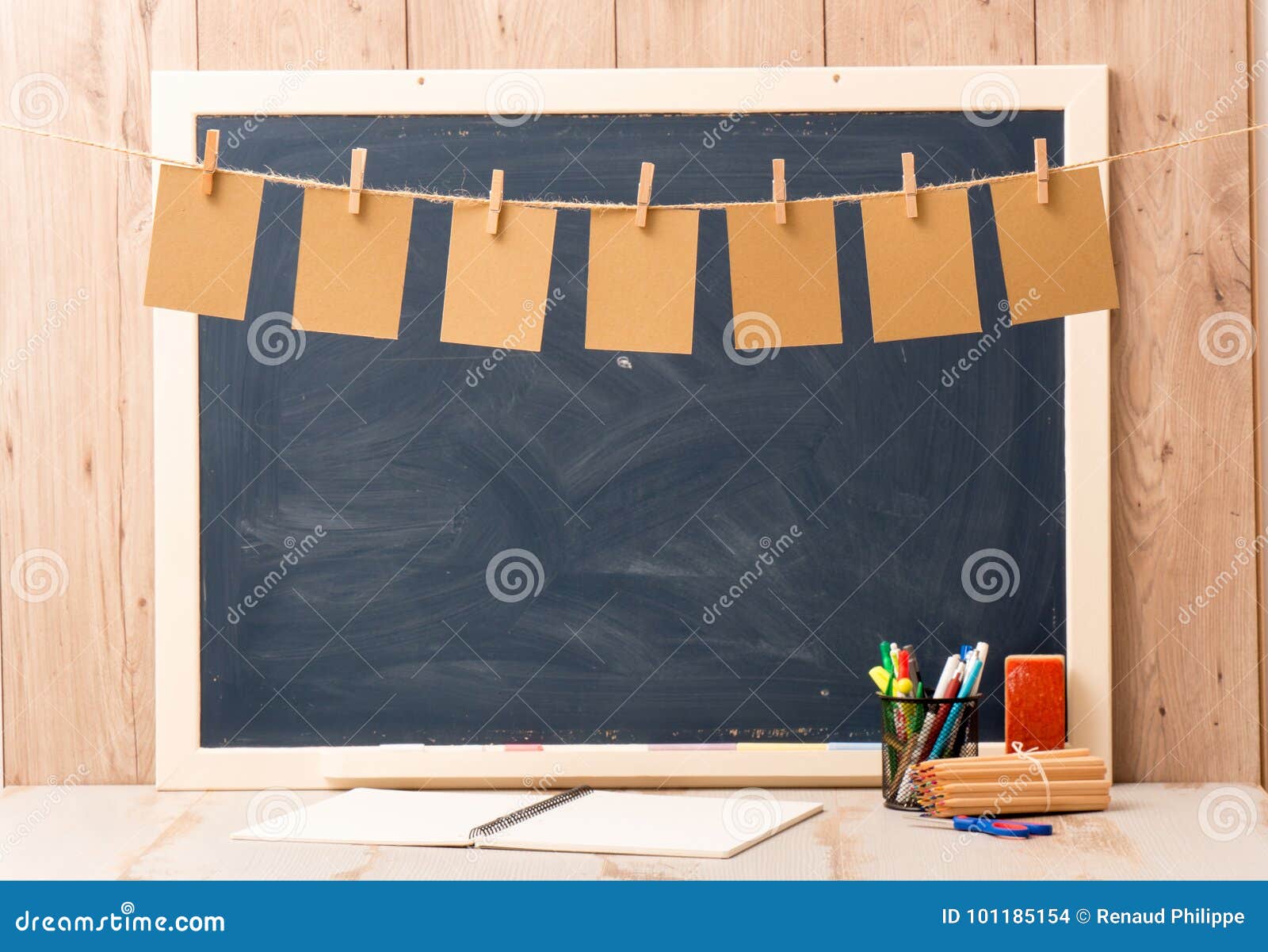 Blackboard with Seven Small Sheets of Paper Stock Photo - Image of ...