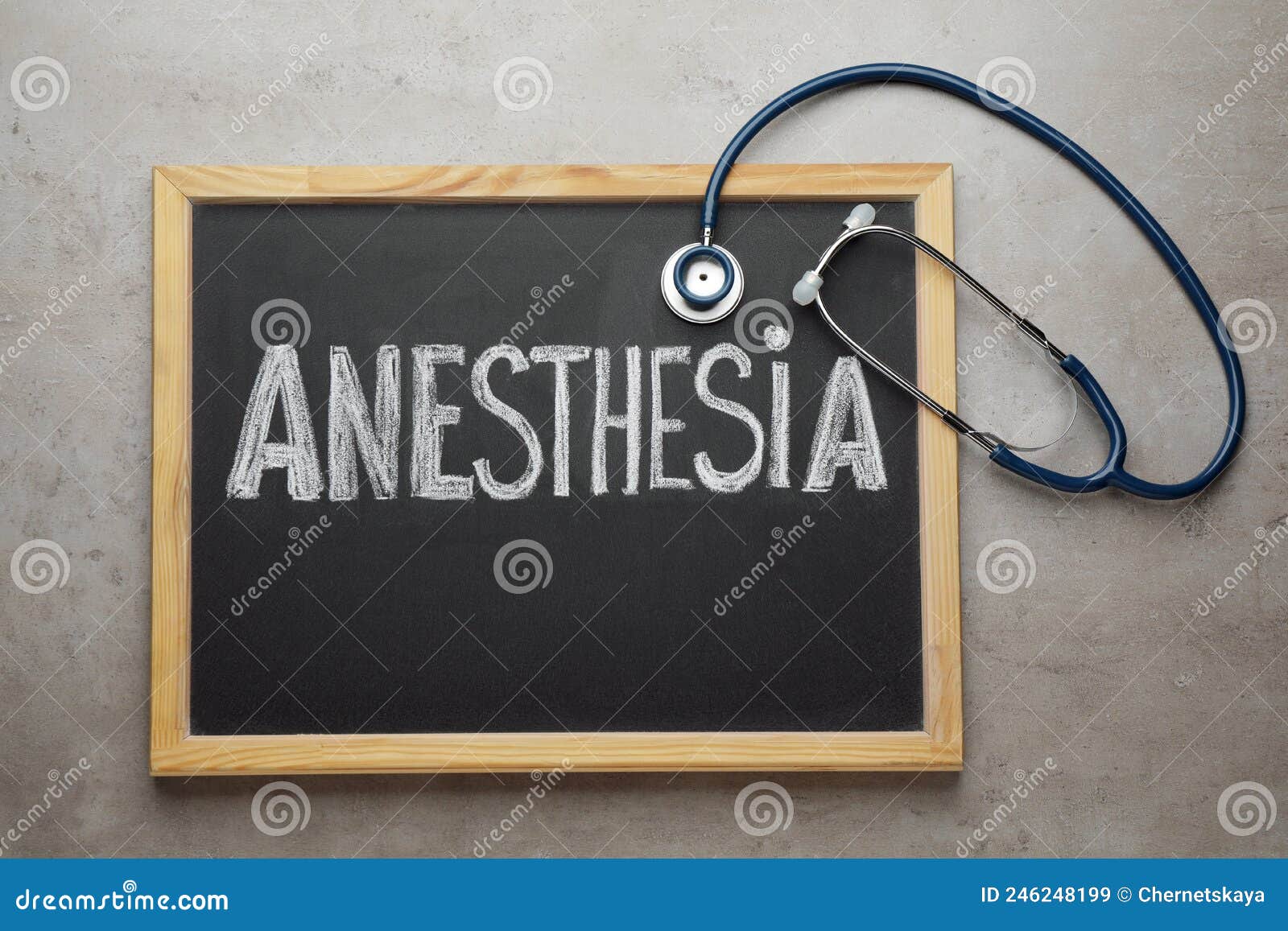 Blackboard with Word Anesthesia and Stethoscope on Grey Table, Top View ...