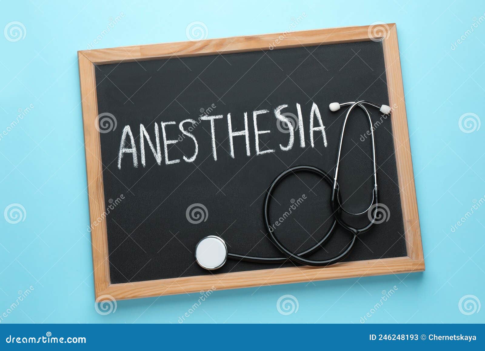 Blackboard with Word Anesthesia and Stethoscope on Light Blue ...