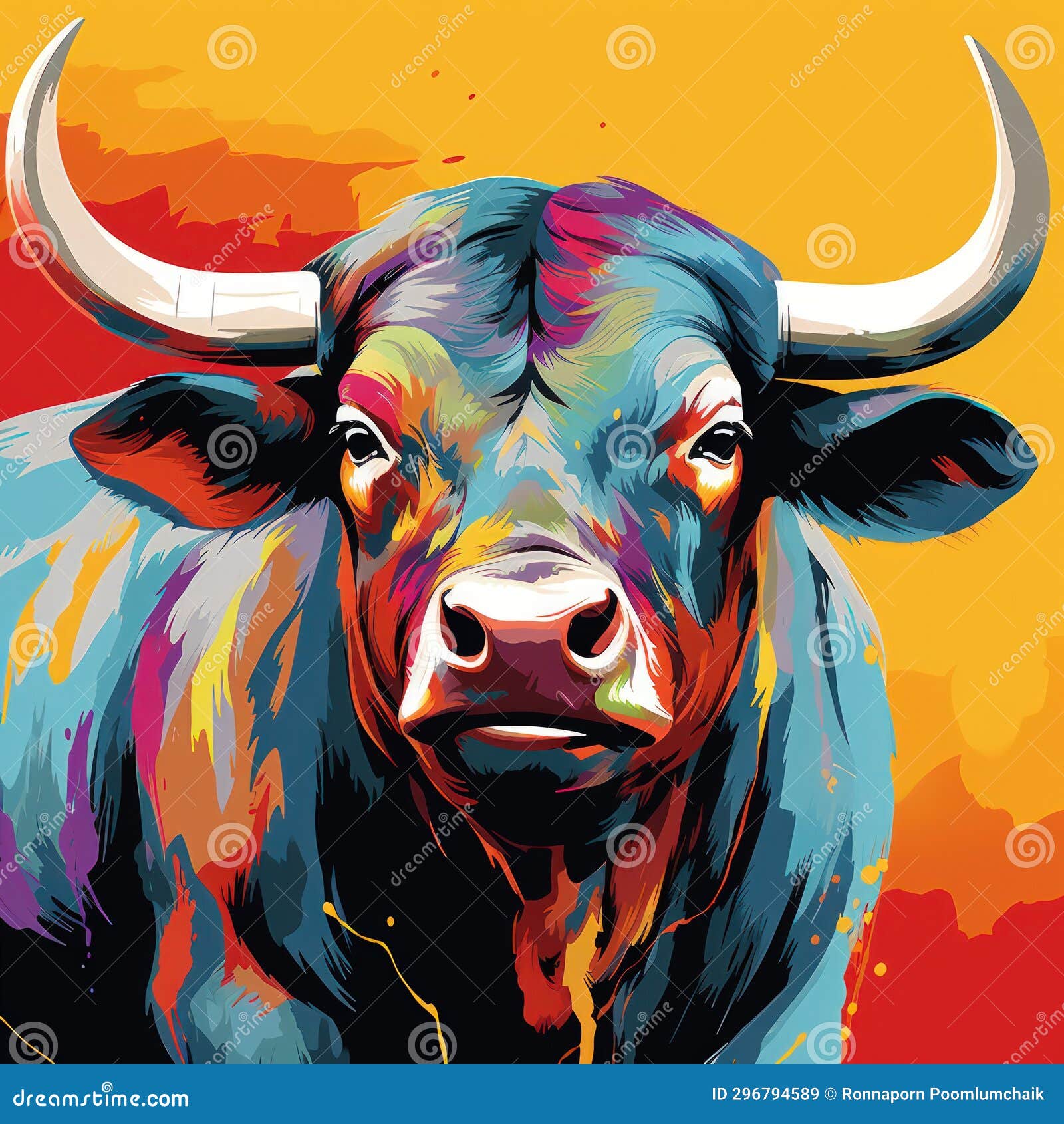 Blacklight Painting-style Bull, Bull Pop Art Illustration Stock ...