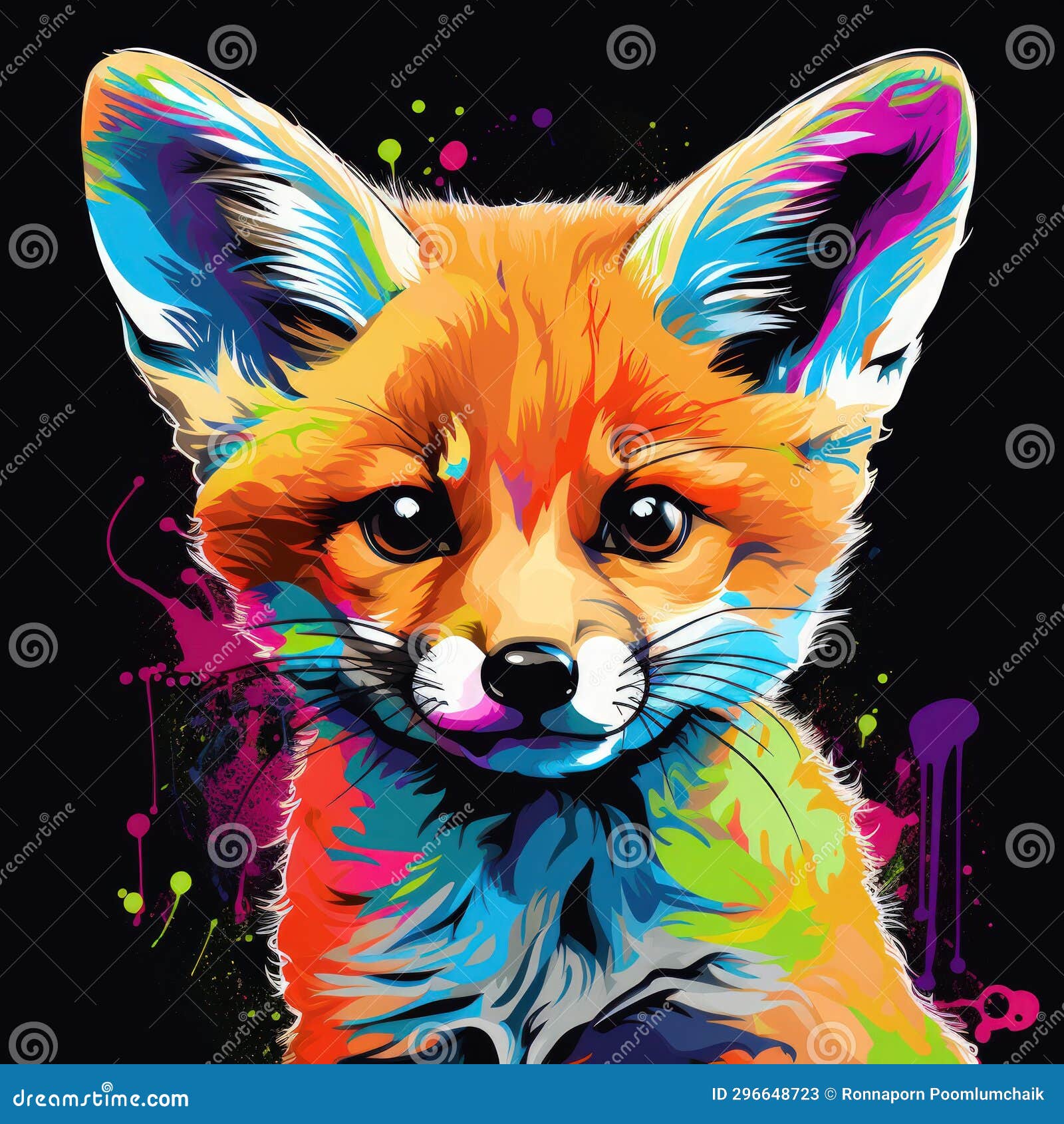 Blacklight Painting-style Fox, Fox Pop Art Illustration Stock ...