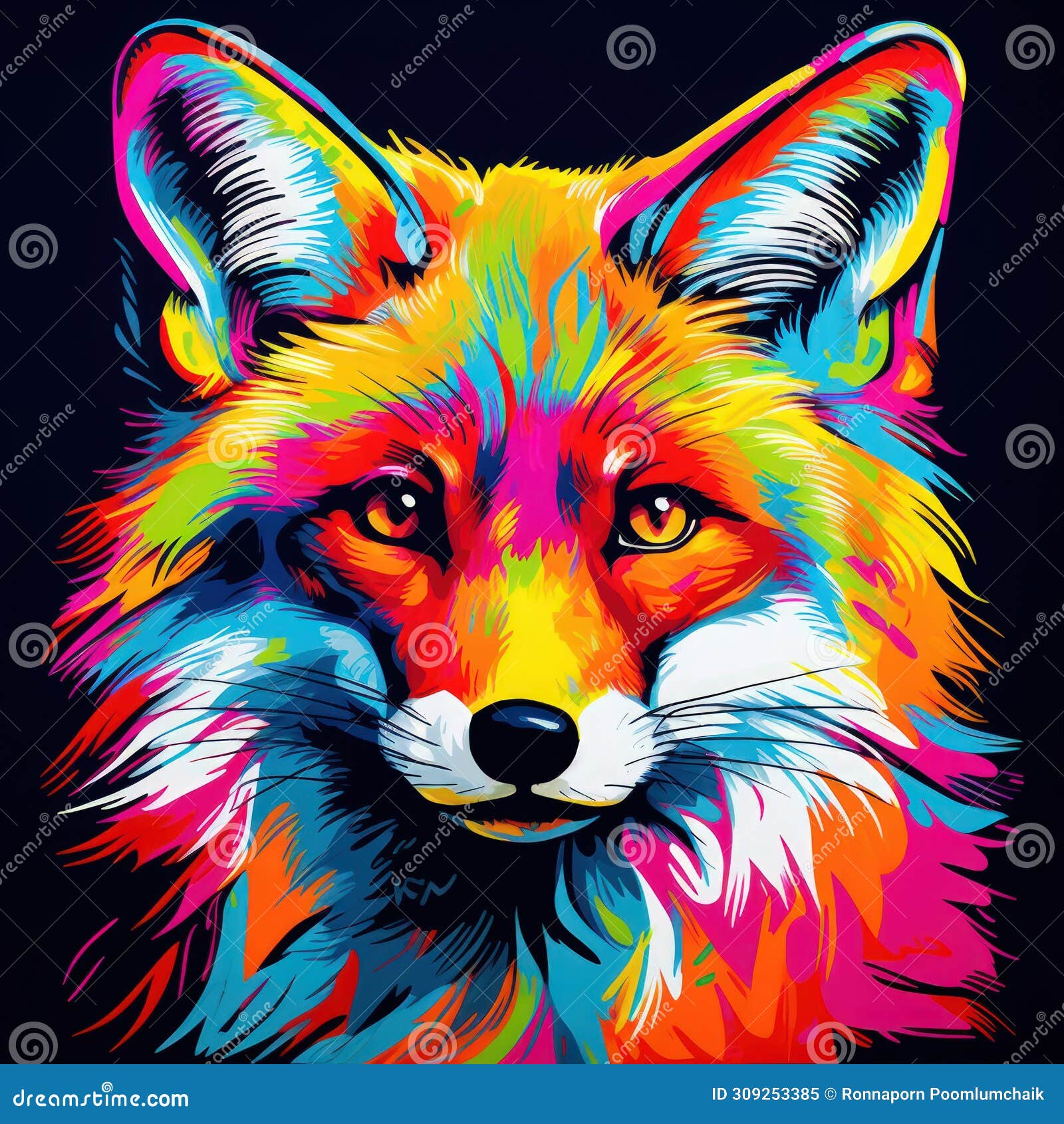 Blacklight Painting-style Fox, Fox Pop Art Illustration Stock ...