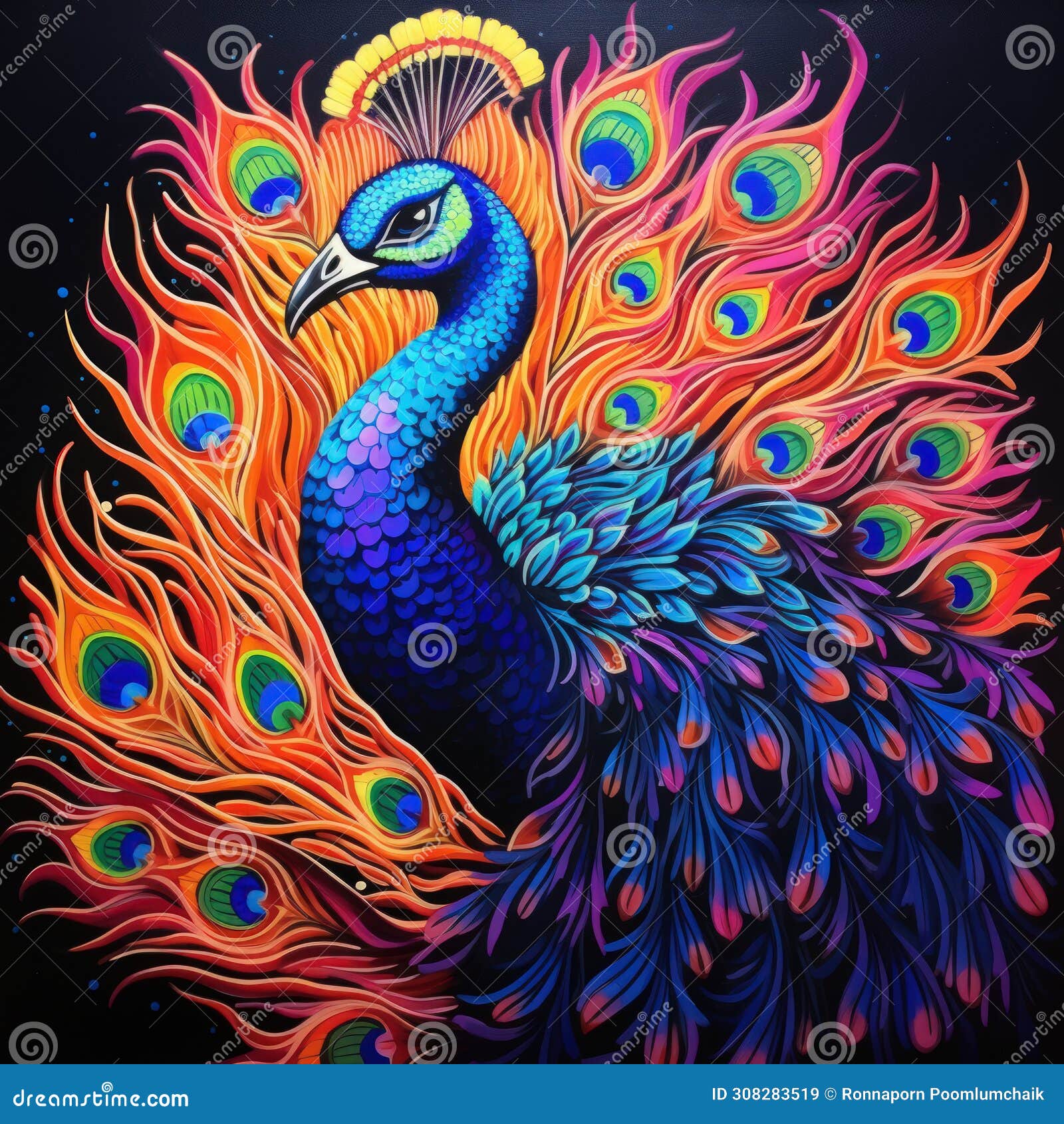 Blacklight Painting-style Peacock, Peacock Pop Art Illustration Stock ...