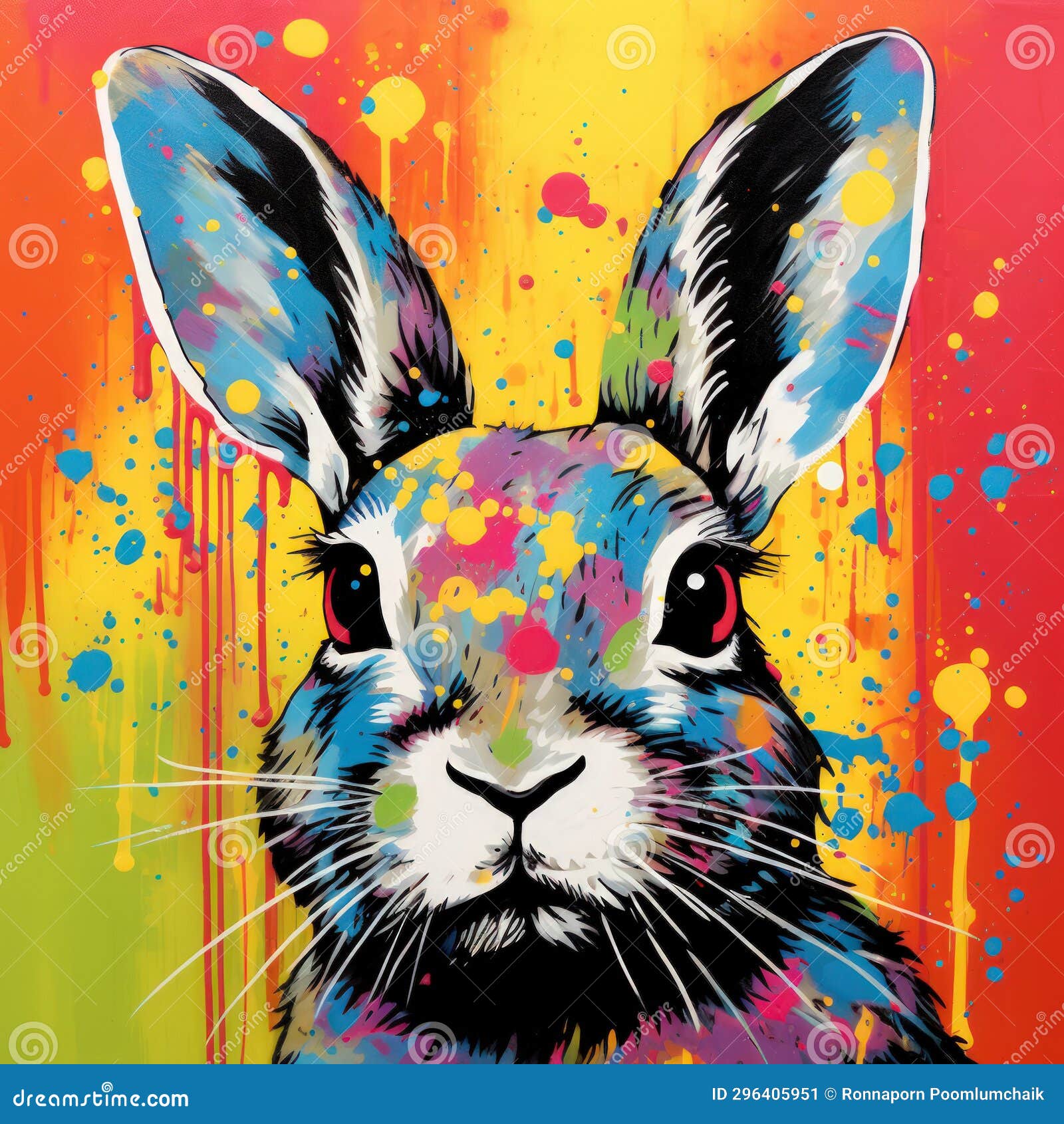 Blacklight Painting-style Rabbit, Rabbit Pop Art Illustration Stock ...