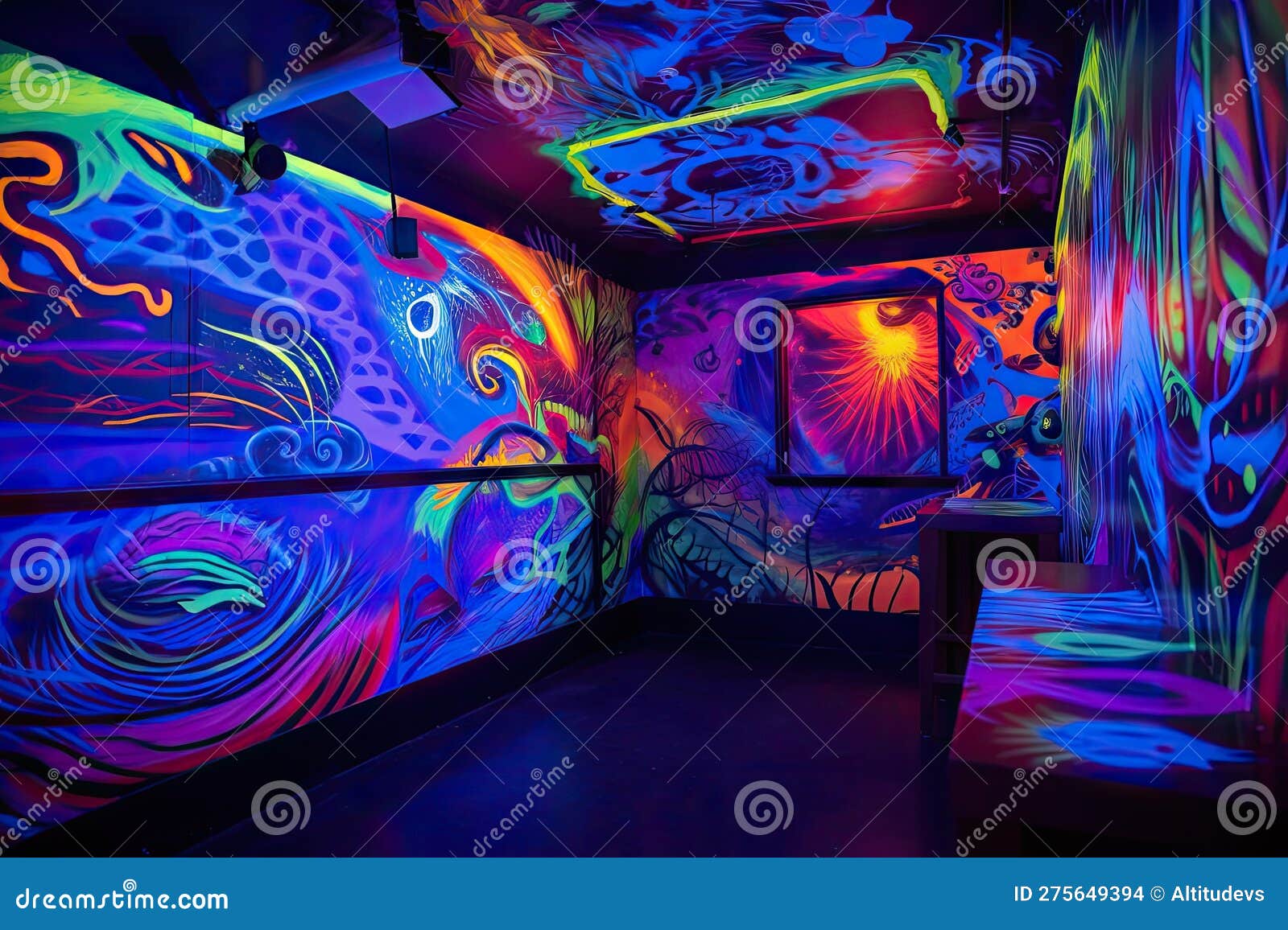 Blacklight and Uv-reactive Mural on a Darkroom Wall, with Reflections ...