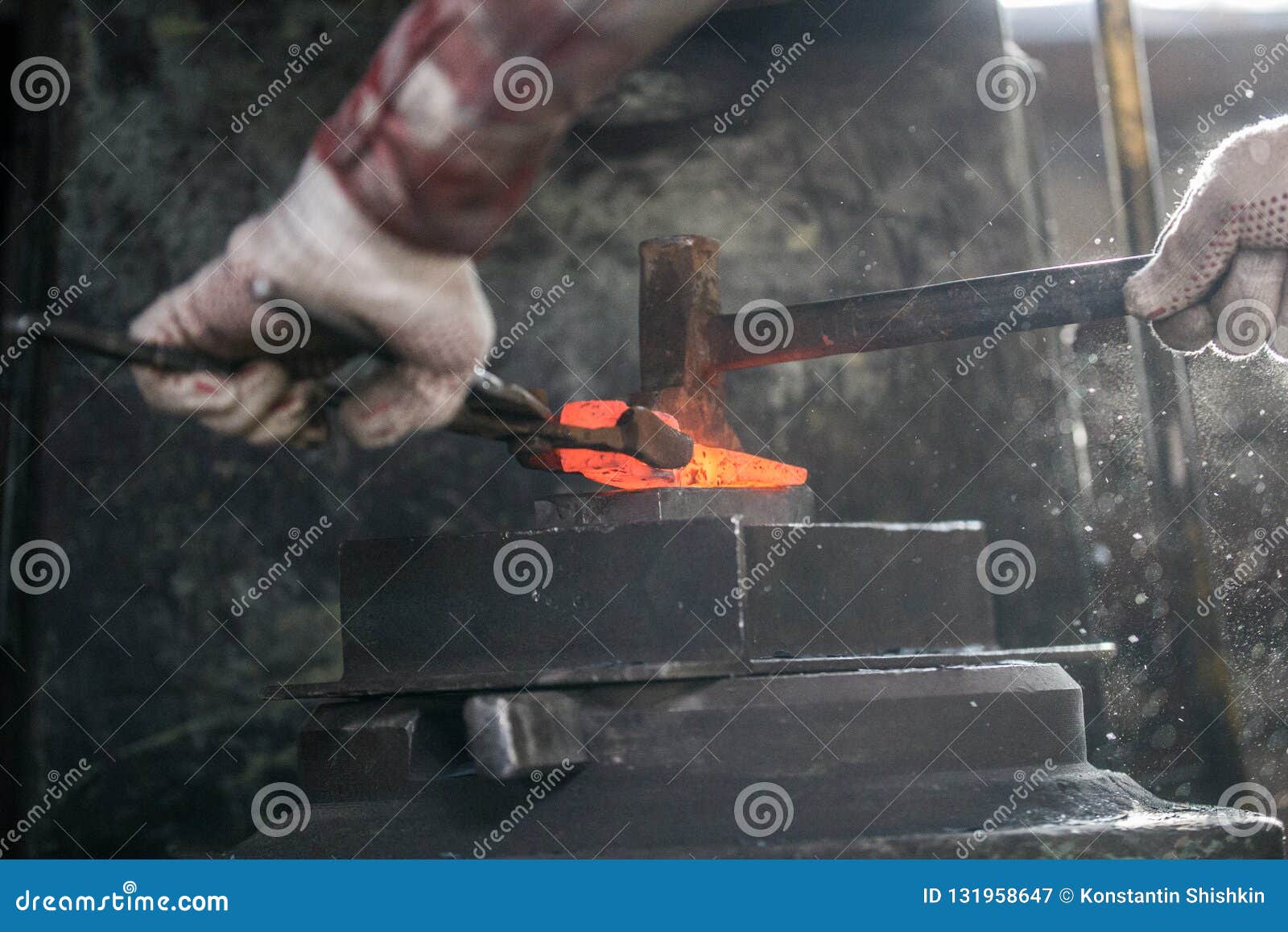 Blacksmith and Anvil. Blacksmith Working with Red Hot Metal Workpiece ...